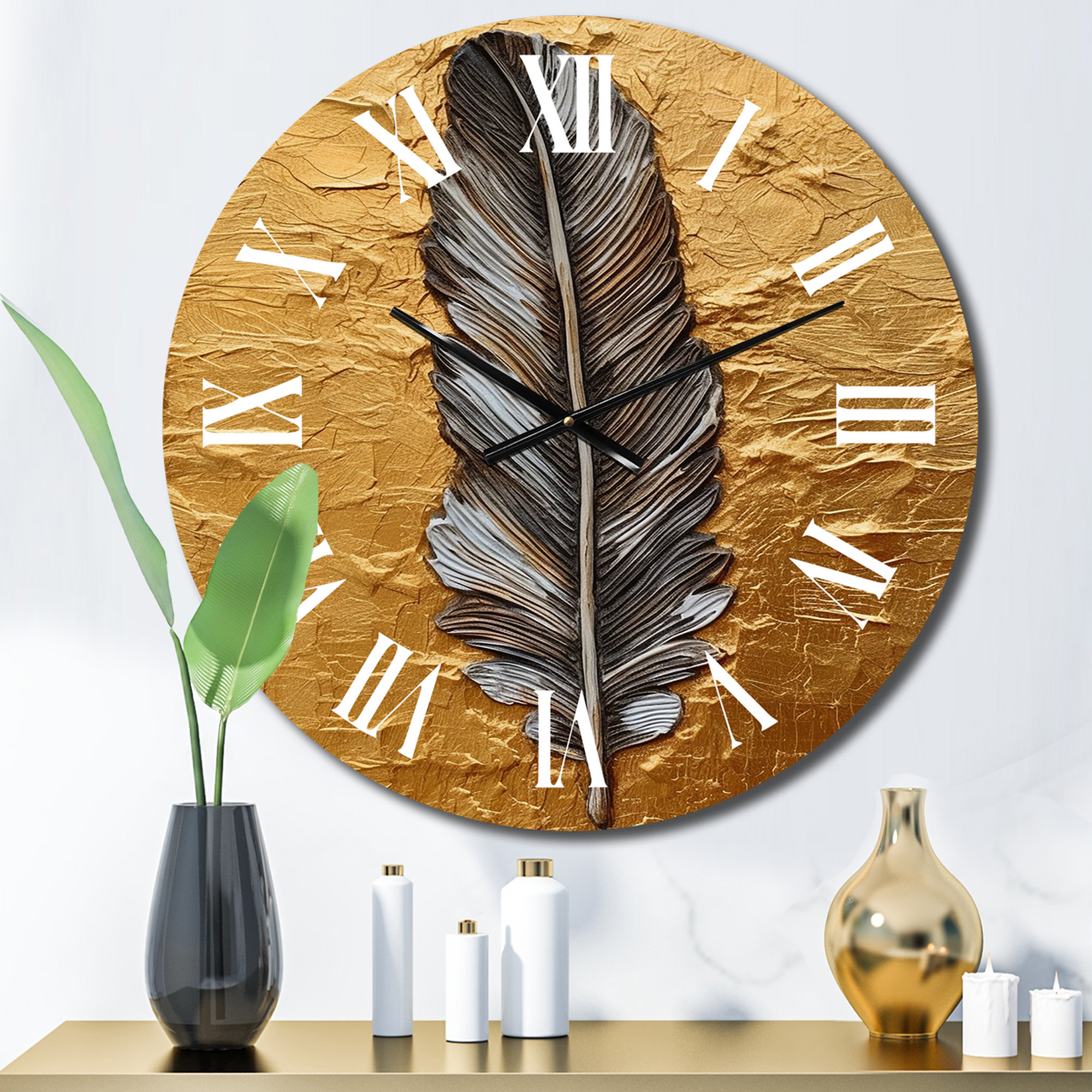 Design Art Boho Glam Exquisite Gold Feather Painting Metal Wall Clock ...