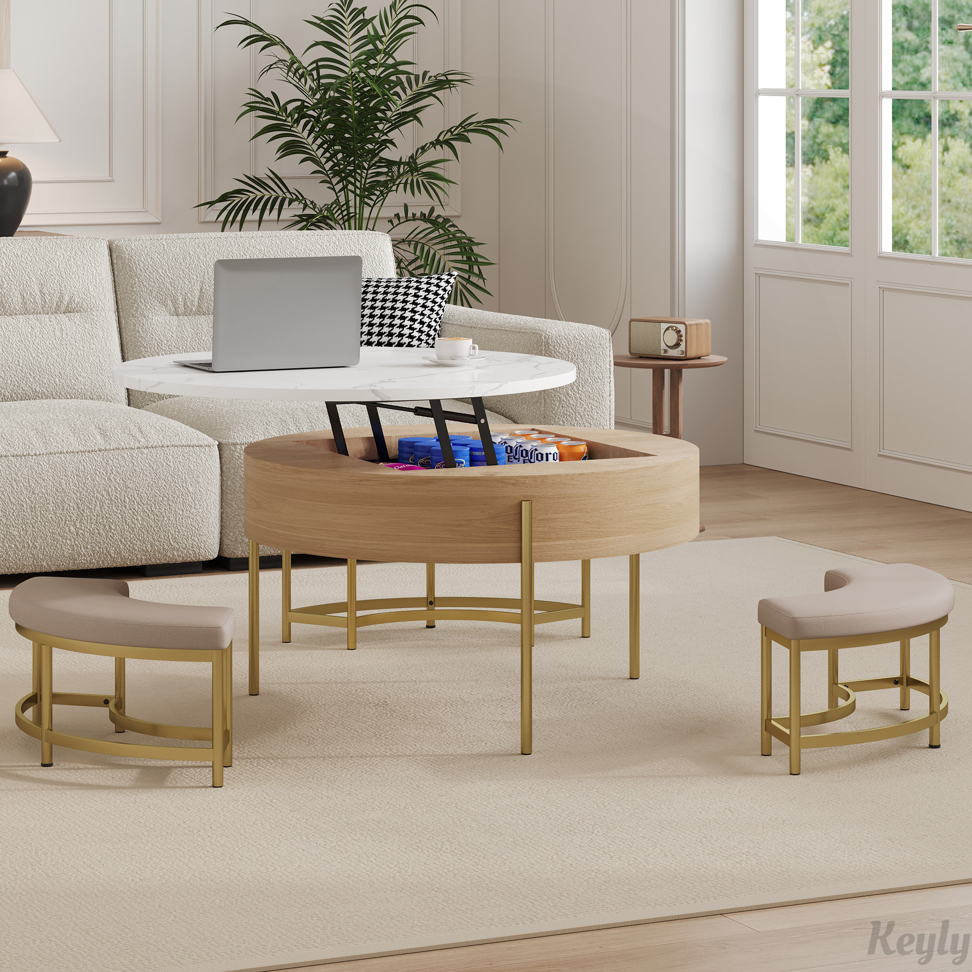 Latitude Run® Round Lift-Top Coffee Table With Storage And 3 Ottoman ...