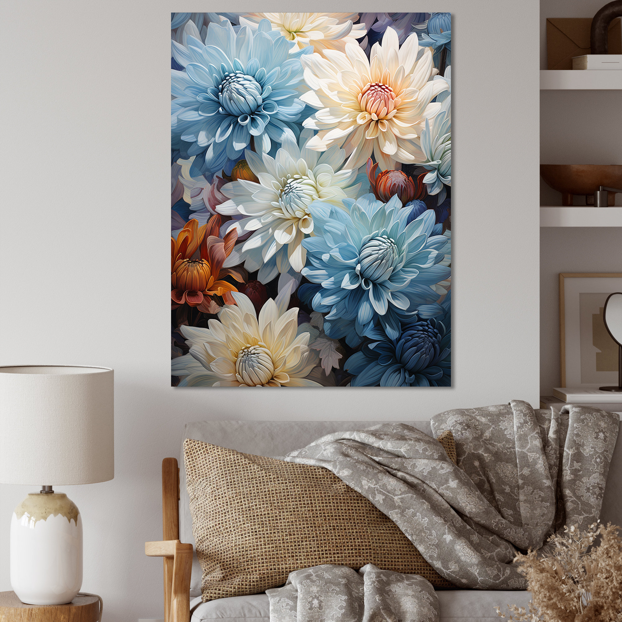 Design Art Mums Painting Beige White And Blue III - Mums Wall Decor ...