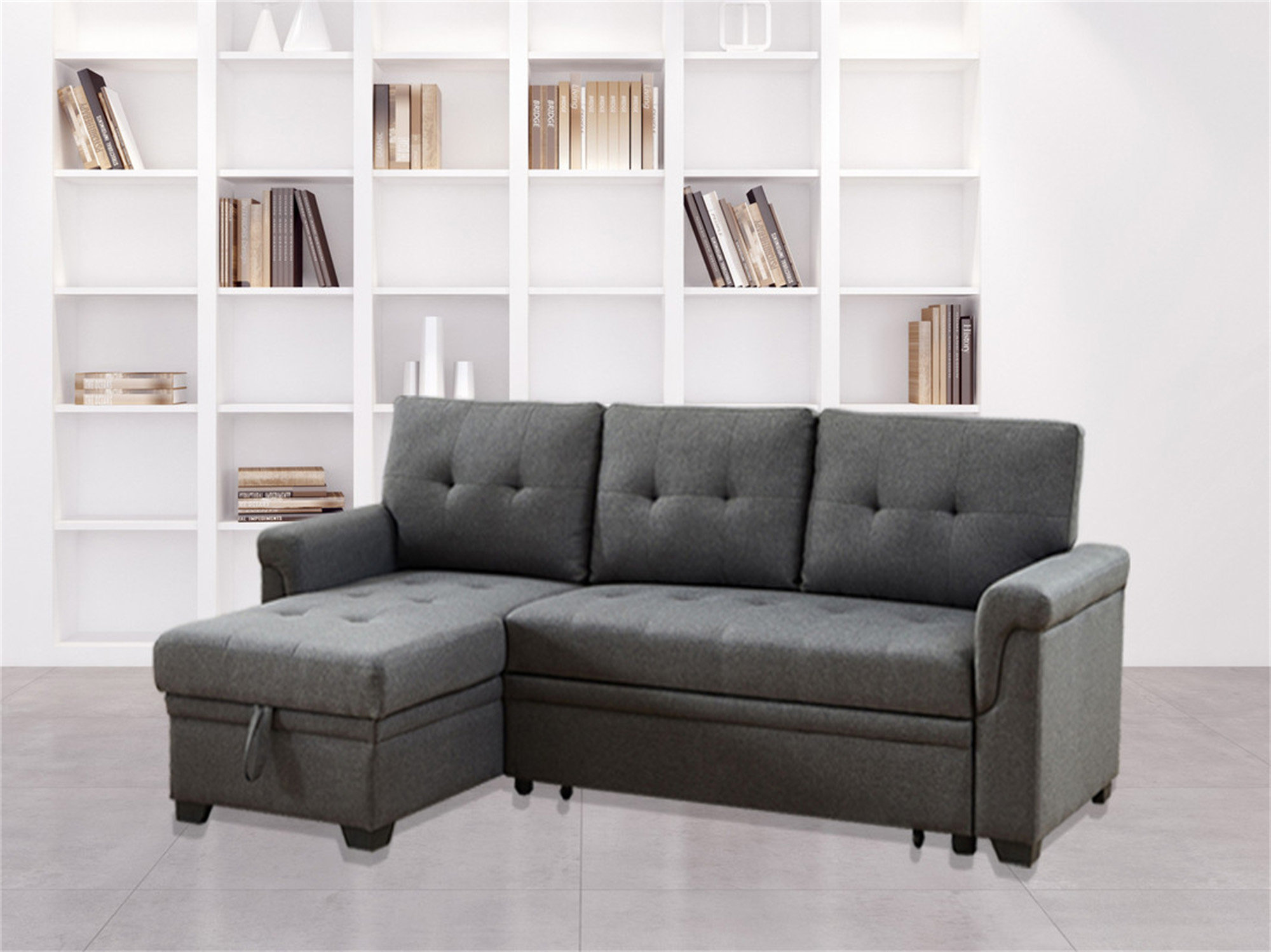 Ebern Designs Destiny 84" Light Linen Reversible Sleeper Sectional Sofa ...