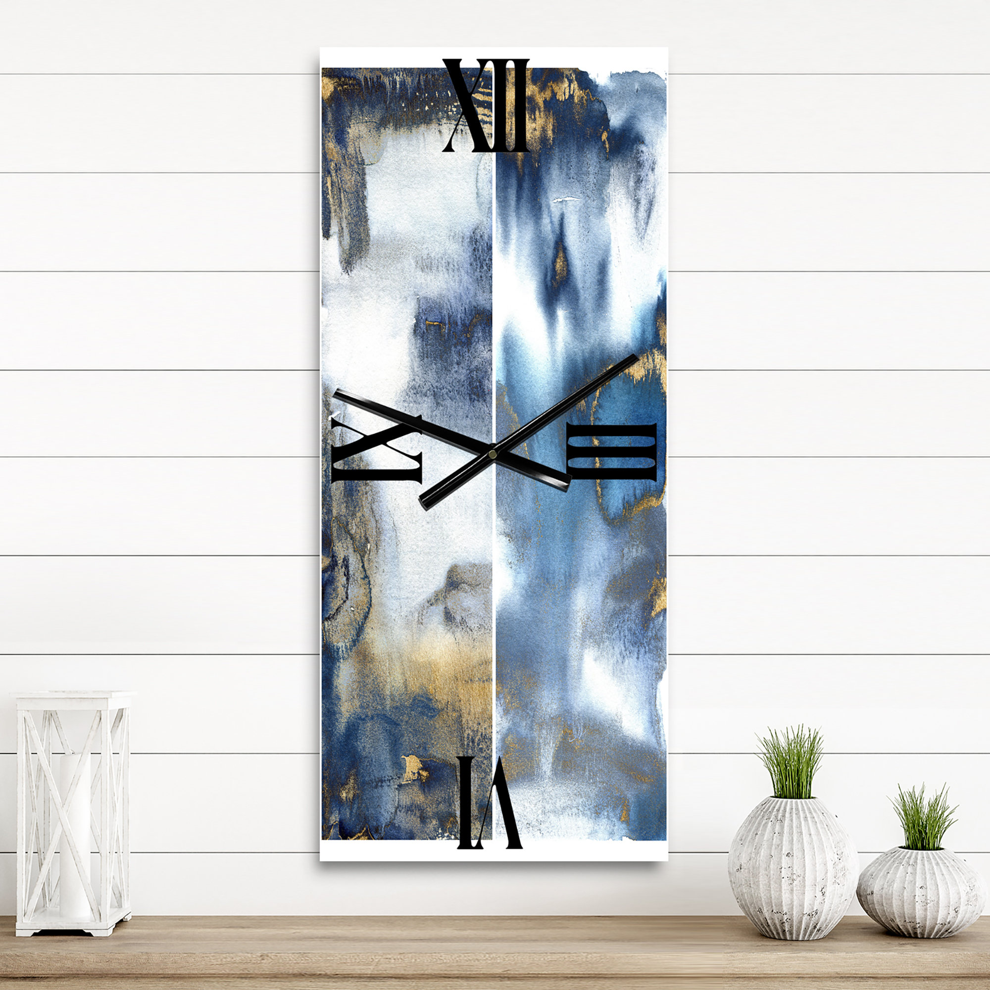 East Urban Home Dark Blue and Gold Abstract Waves I - Modern Wall Clock ...