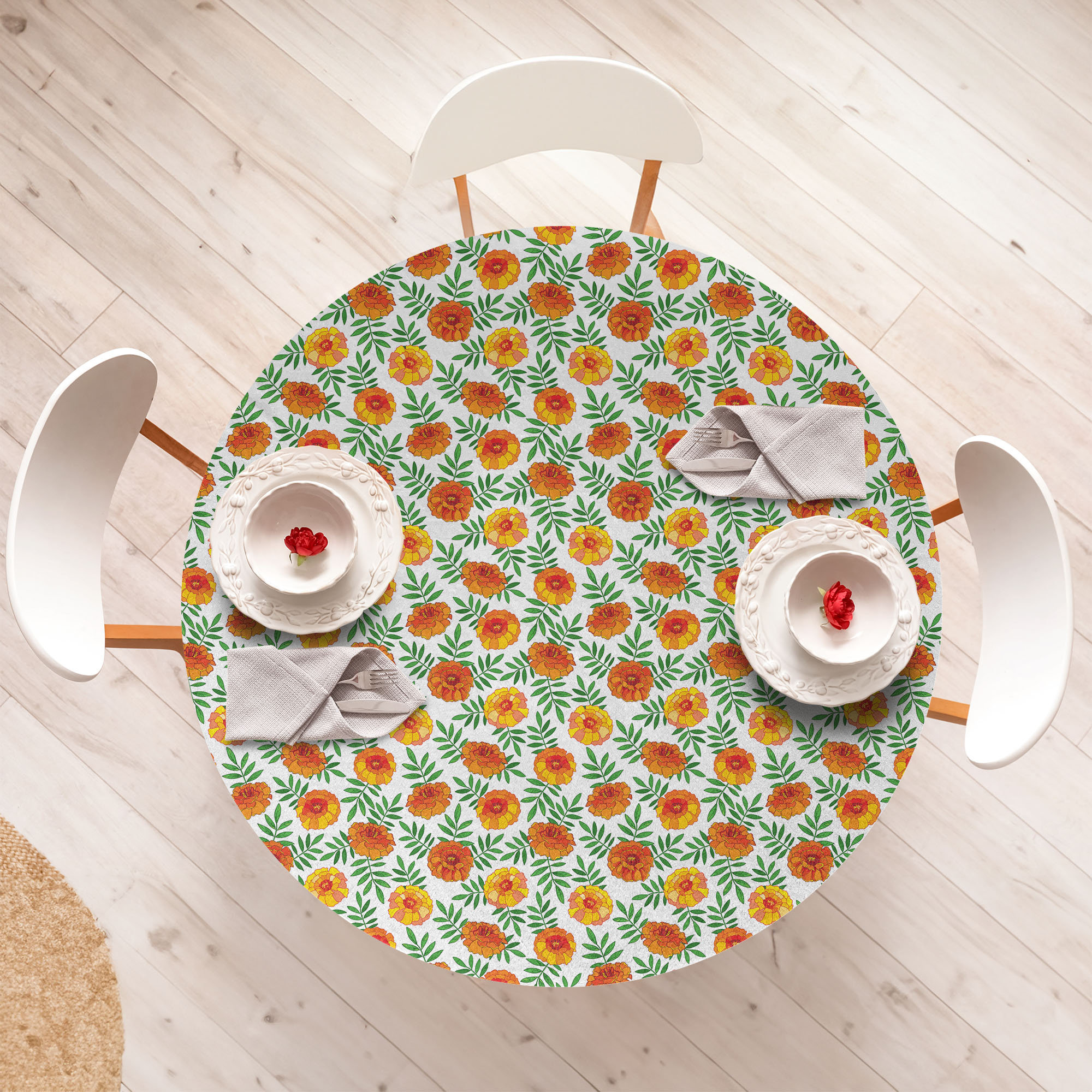 Bungalow Rose Floral Fitted Round Tablecloth Diameter Vermillion and ...