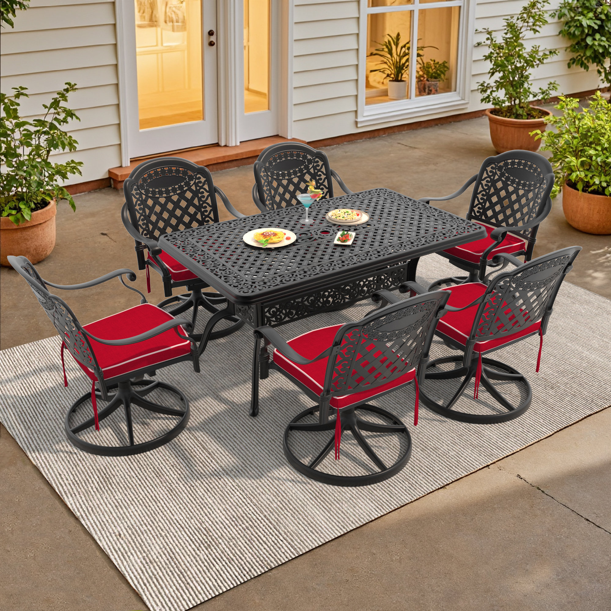 Canora Grey 7-Piece Outdoor Cast Aluminum Patio Set – Swivel Dining ...