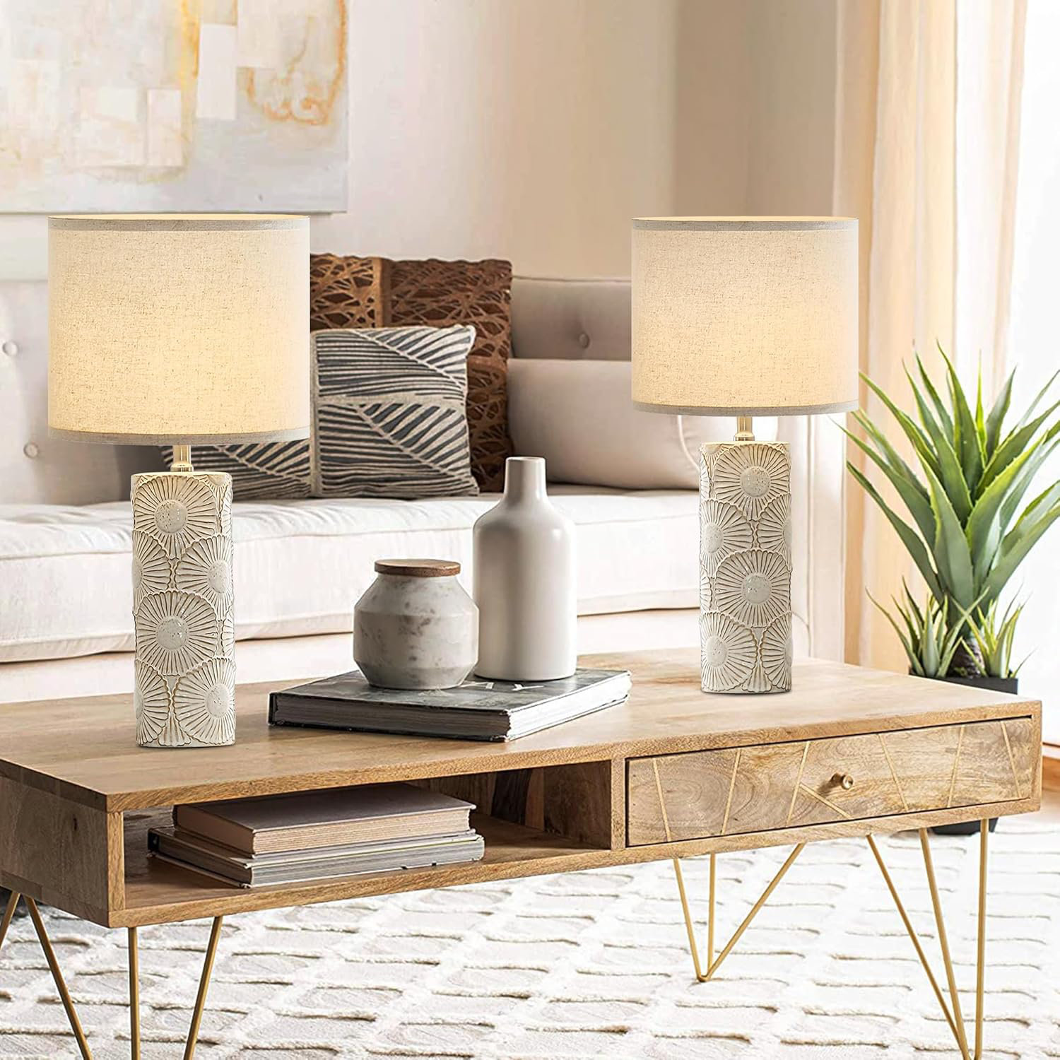 Rosalind Wheeler Boho Ceramic Table Lamps Set Of 2 - White Embossed ...