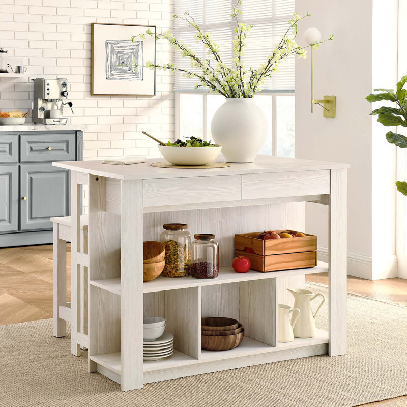 Modway Meadowbrook 3-Piece Kitchen Island And Stool Set In White Maple ...