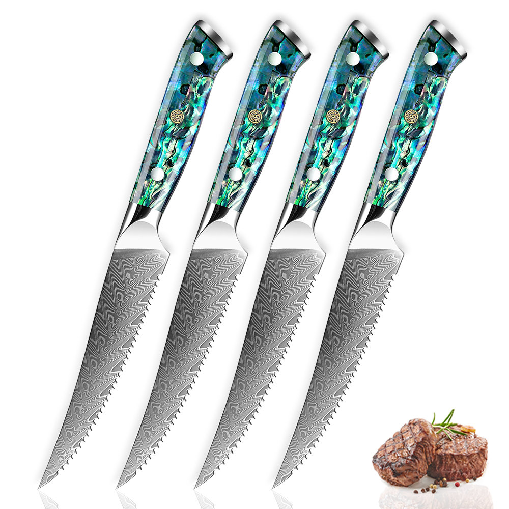 Senken Knives 4-Piece Japanese Damascus Steel Steak Knife Set with Real ...