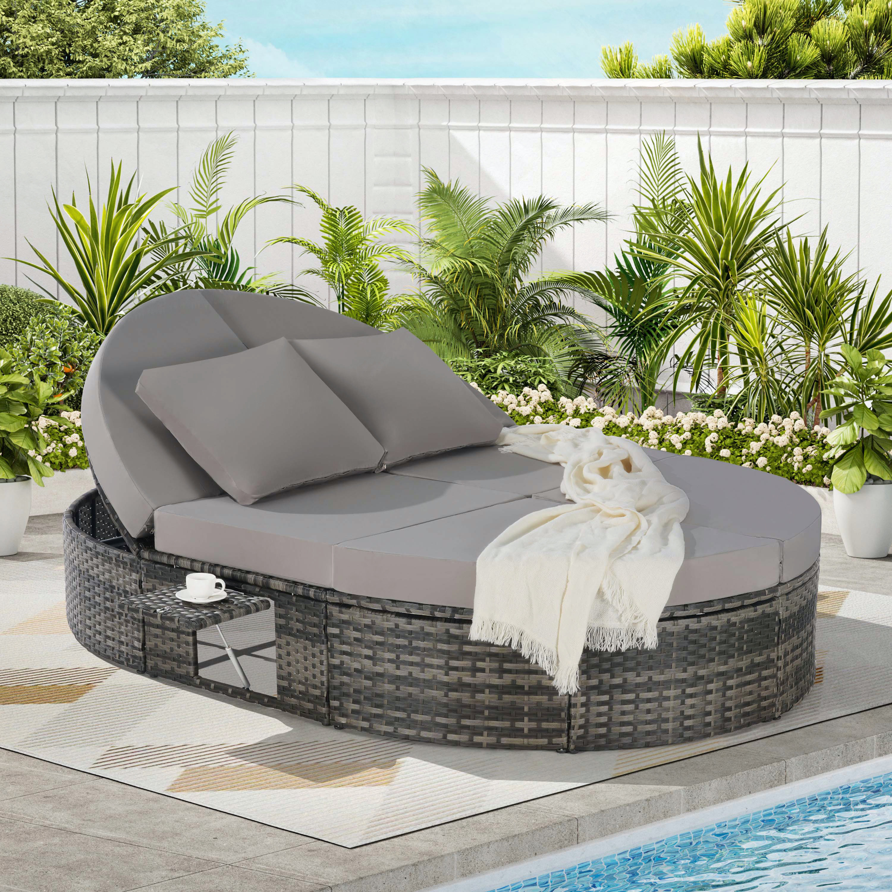 Latitude Run® Outdoor Patio Round Daybed, Sun Bed with Adjustable ...