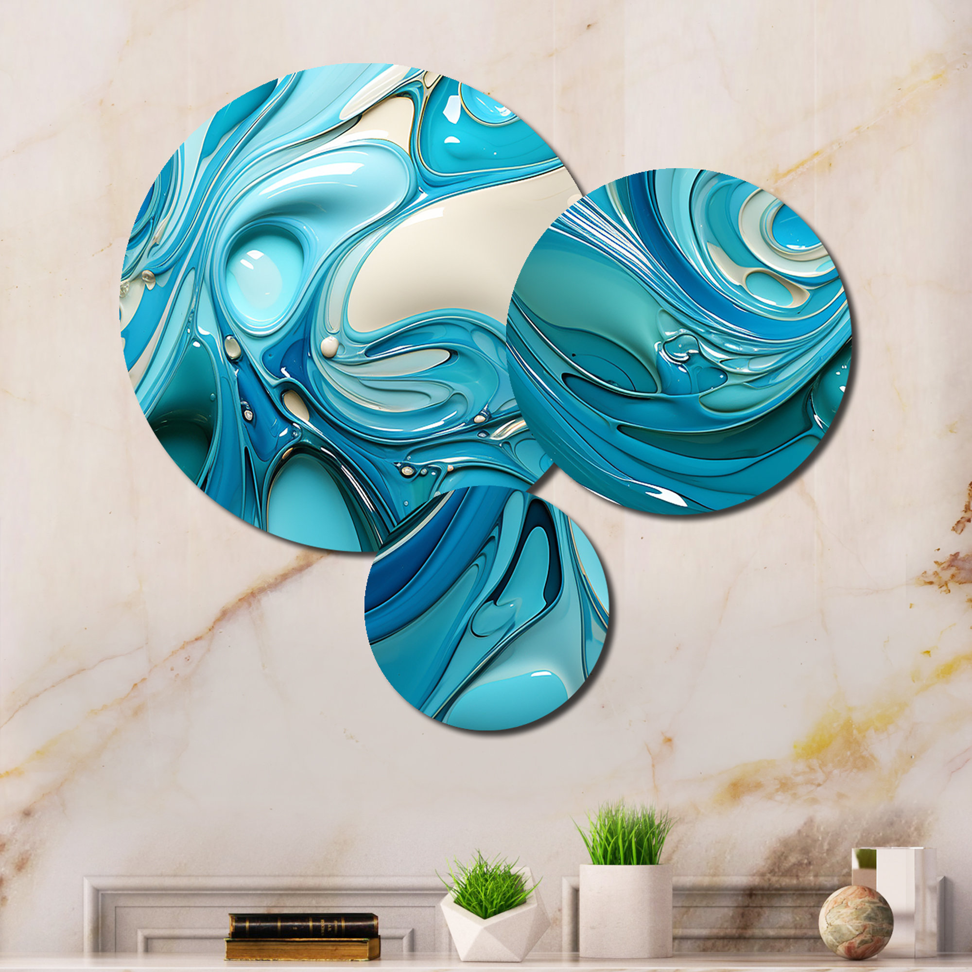 Design Art Blue Fluid Grind II 3 round Wall Decor Set Metal | Wayfair