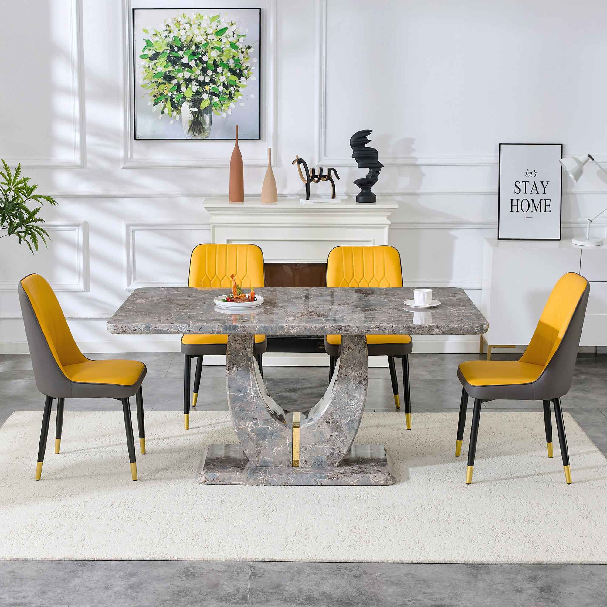 Mercer41 Modern Dining Table Set With Gray Textured MDF Top, U-Shaped ...