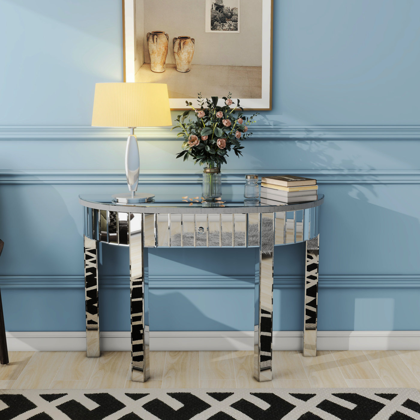 WANDINGT Mirrored Half Moon Console Table, HD Glass Entryway Table With ...