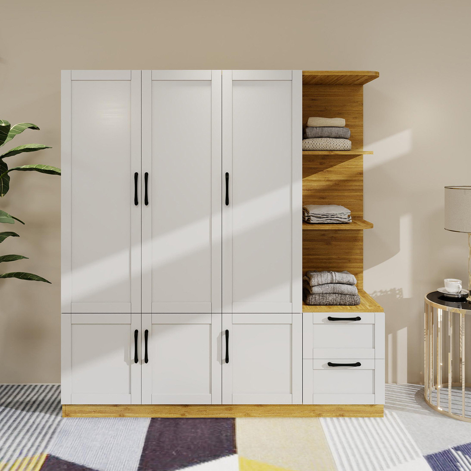Latitude Run® Bedroom Three Door Wooden Storage Wardrobe With Shelves ...
