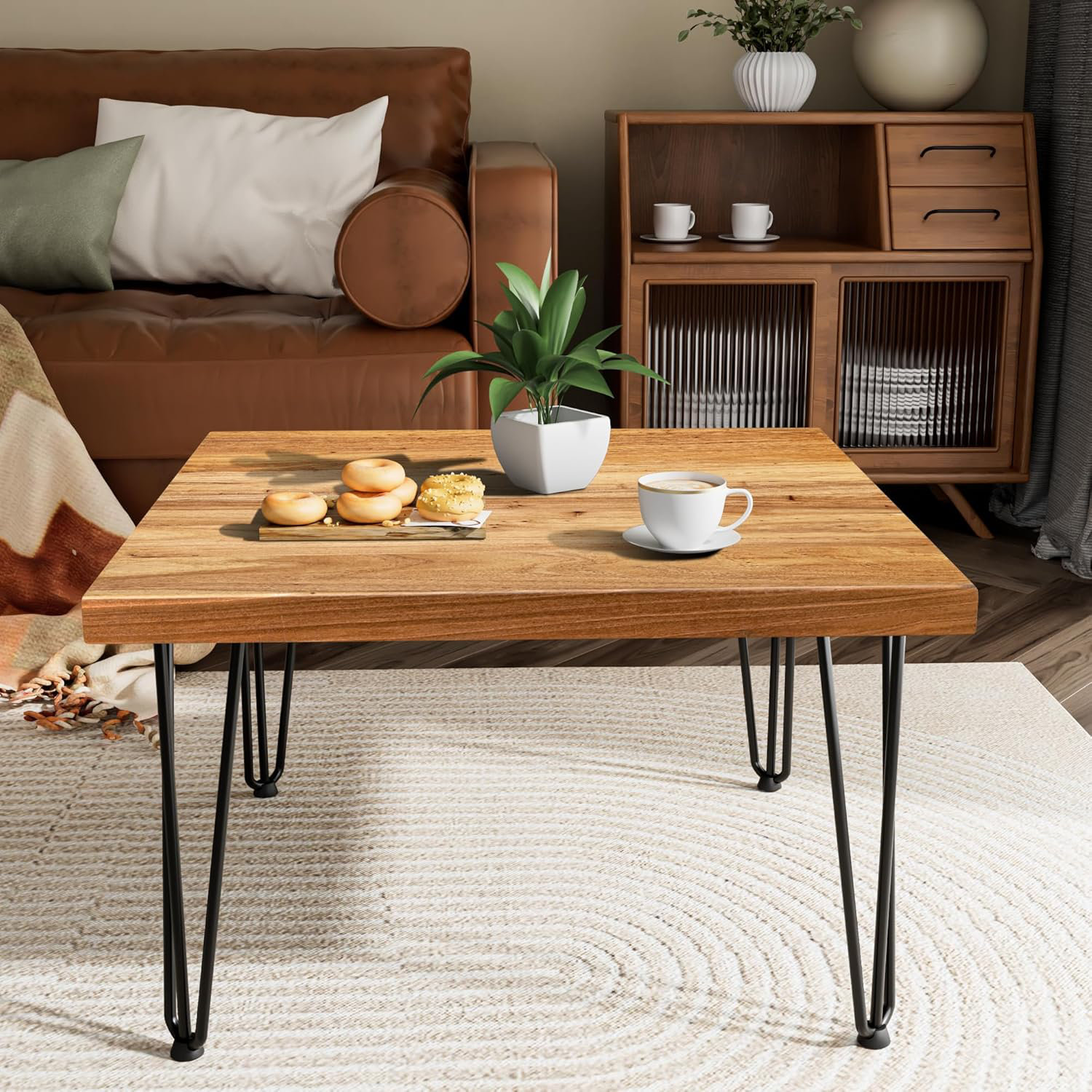 17 Stories Rustic Wood Square Coffee Table With Metal Legs, Solid Elm ...