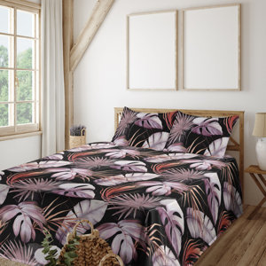 Ambesonne Tropical Sheet Set Exotic Jungle Leaves Aloha Plum Grey Pink ...