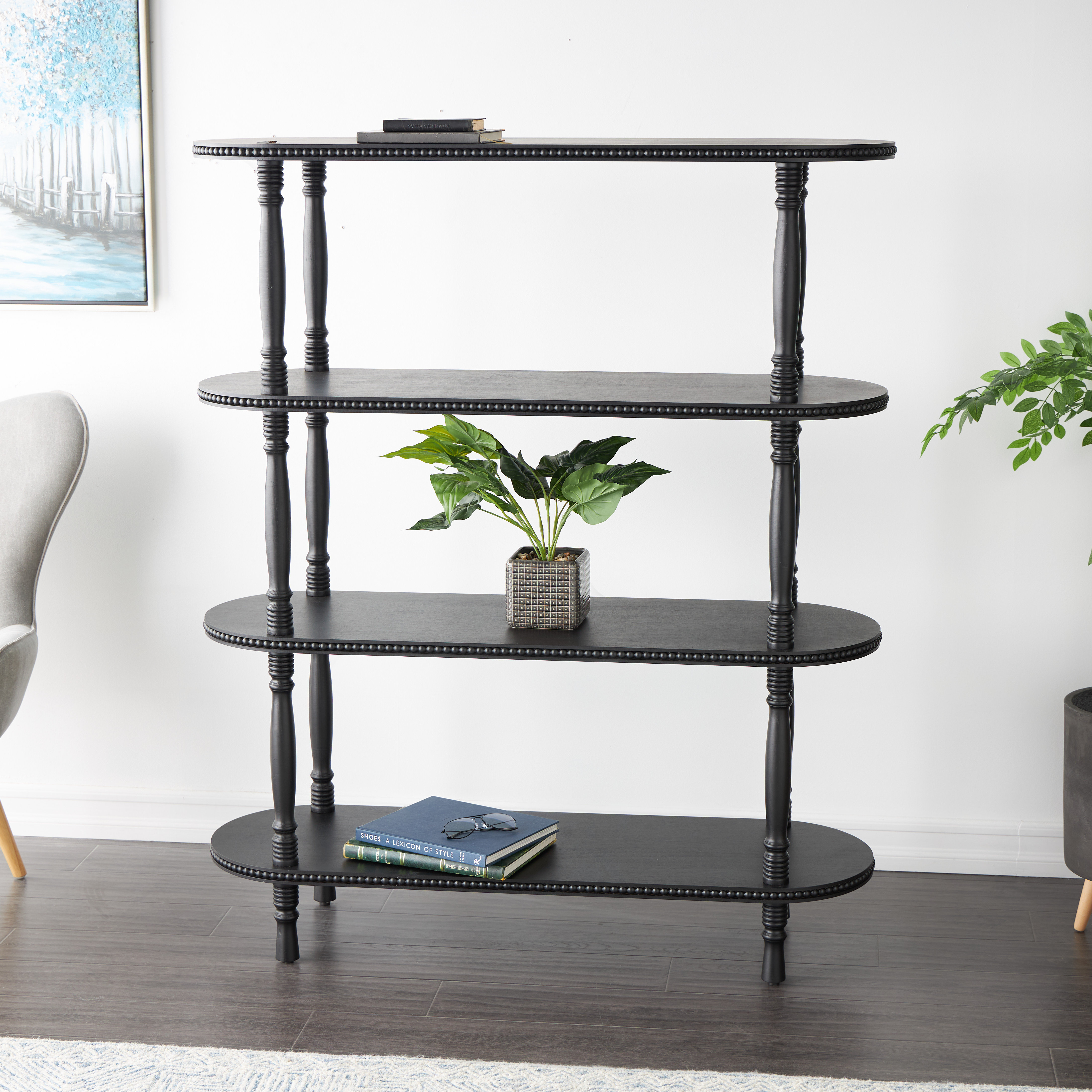 Wildon Home® Wooden Oval 3 Shelf Storage Black Shelving Unit with ...