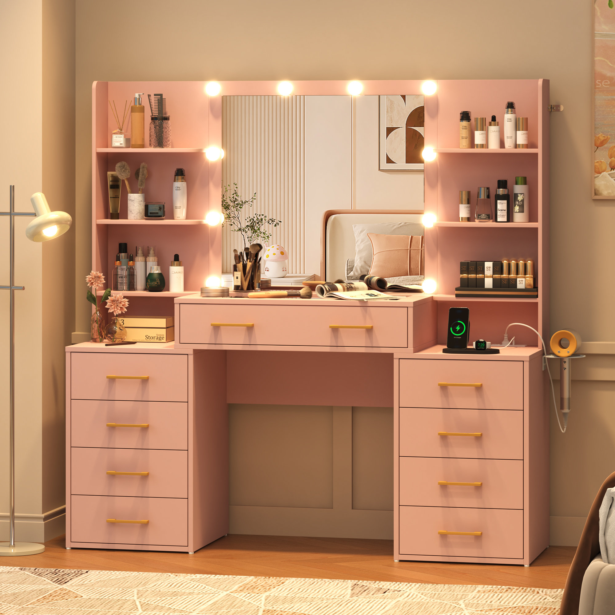 Ebern Designs Tempered Glass Top Makeup Vanity Desk With LED Lights And ...