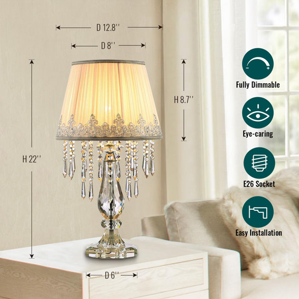 Bisiot Elegant Bedside Crystal Desk Lamp, White Pleated Fabric ...