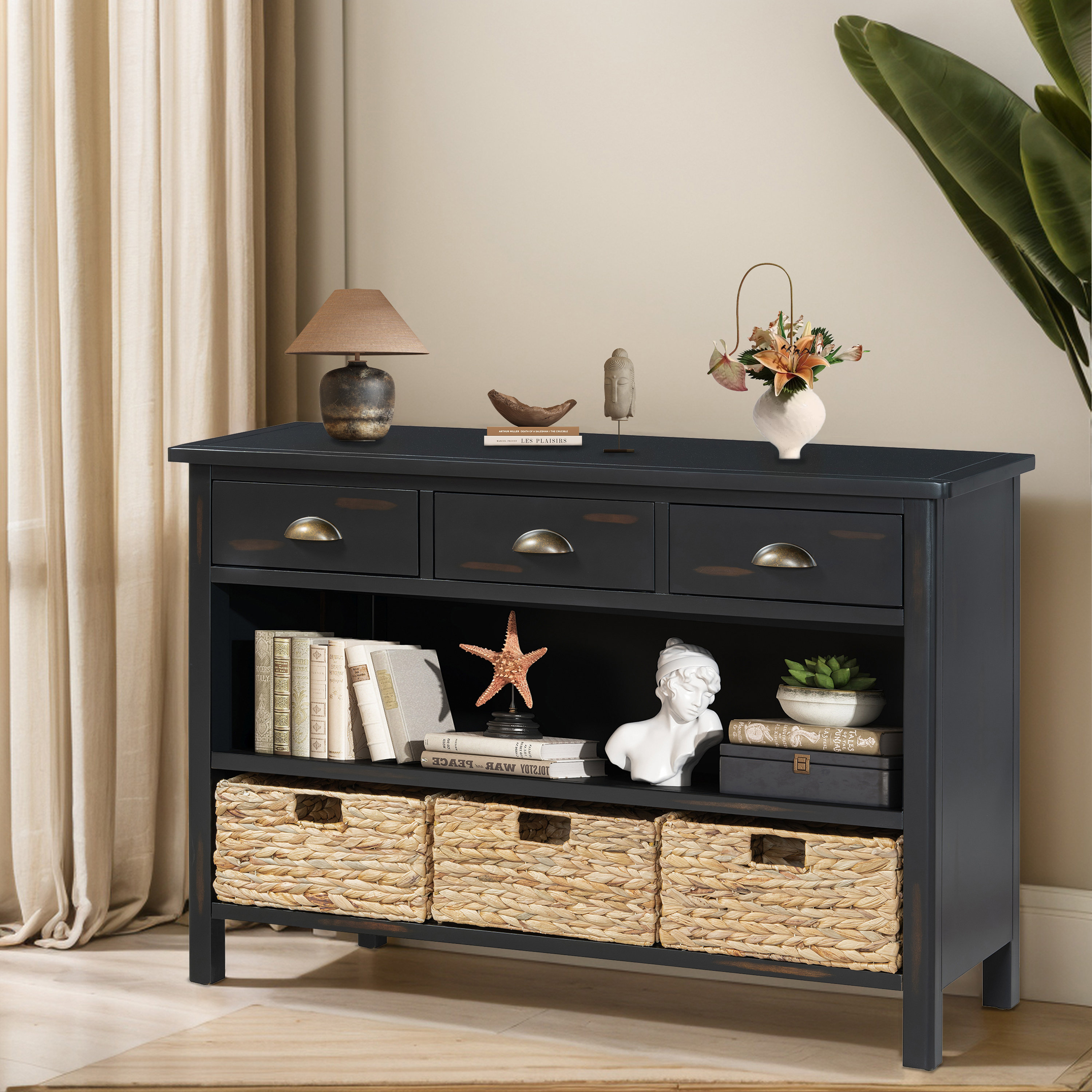 Lark Manor Console rétro avec 3 tiroirs et 3 paniers en rotin - Wayfair ...
