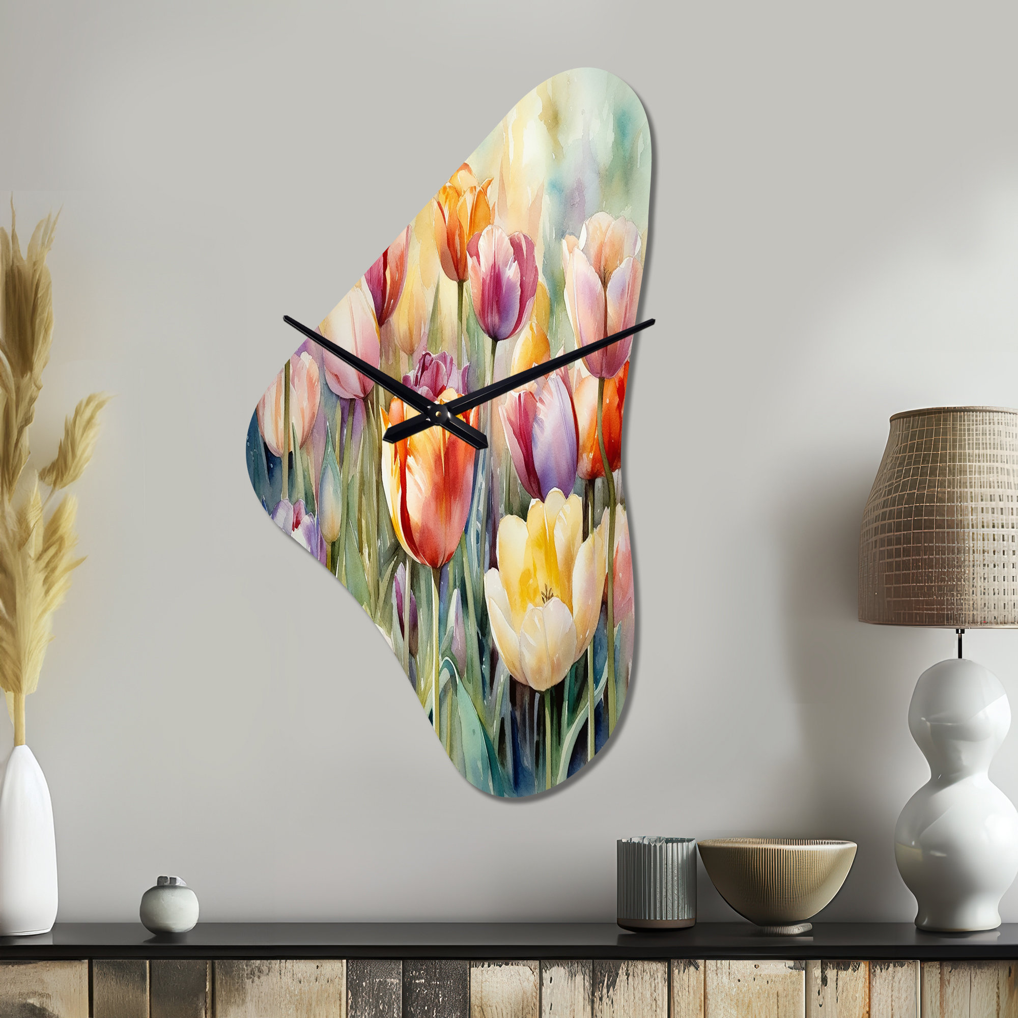 Design Art Garden Of Tulips - Tulip Asymmetrical Metal Clock, Orange ...