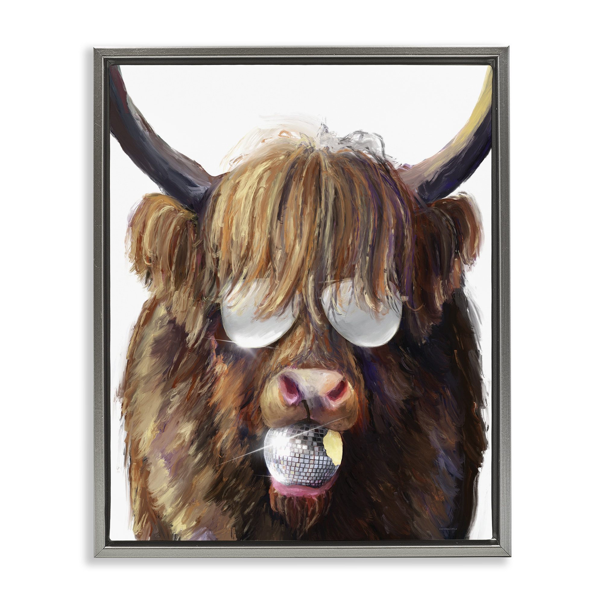 George Oliver Highland Cattle with Disco Ball Framed Floater Canvas ...