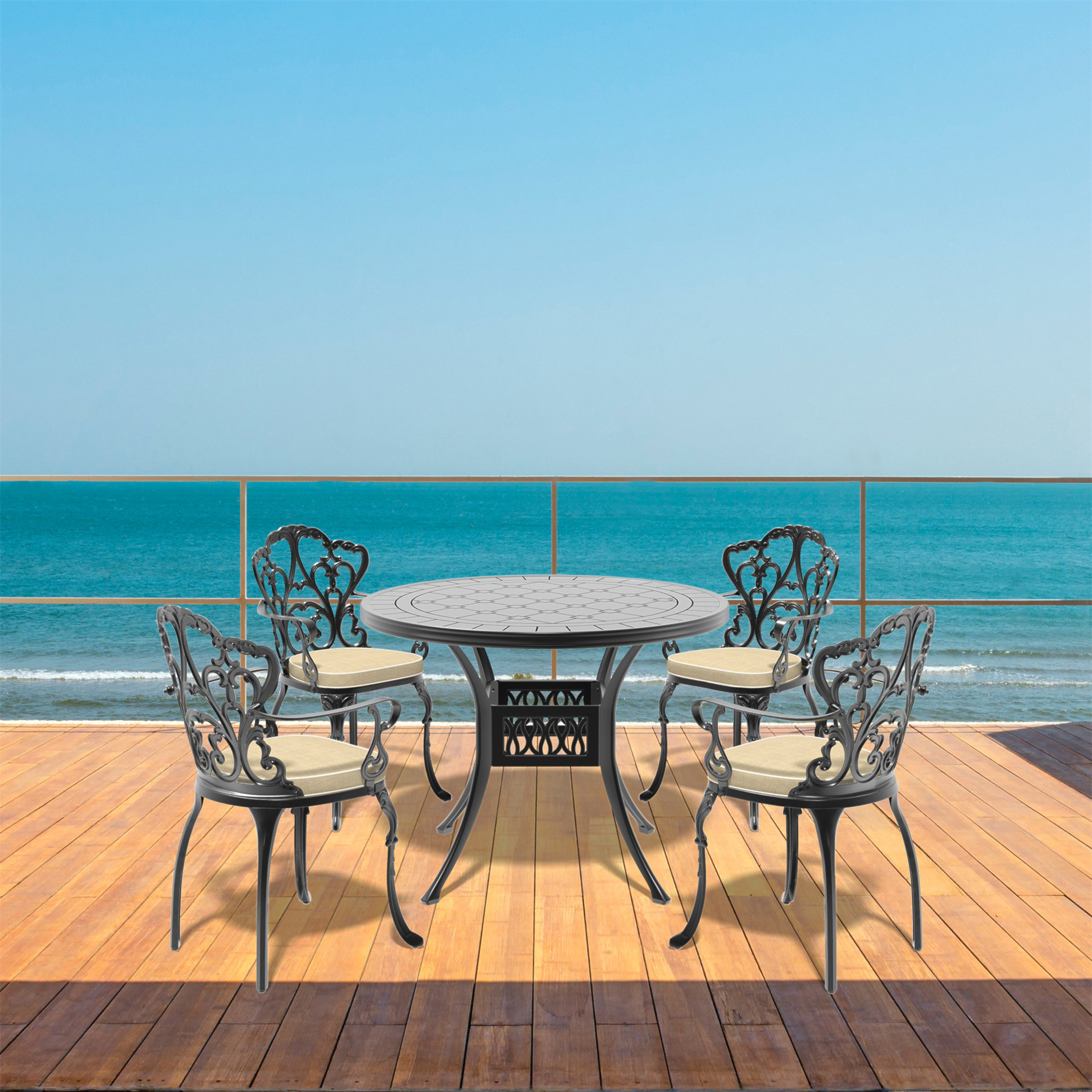 Astoria Grand 5-Piece Set Of Cast Aluminum Patio Furniture With Black ...