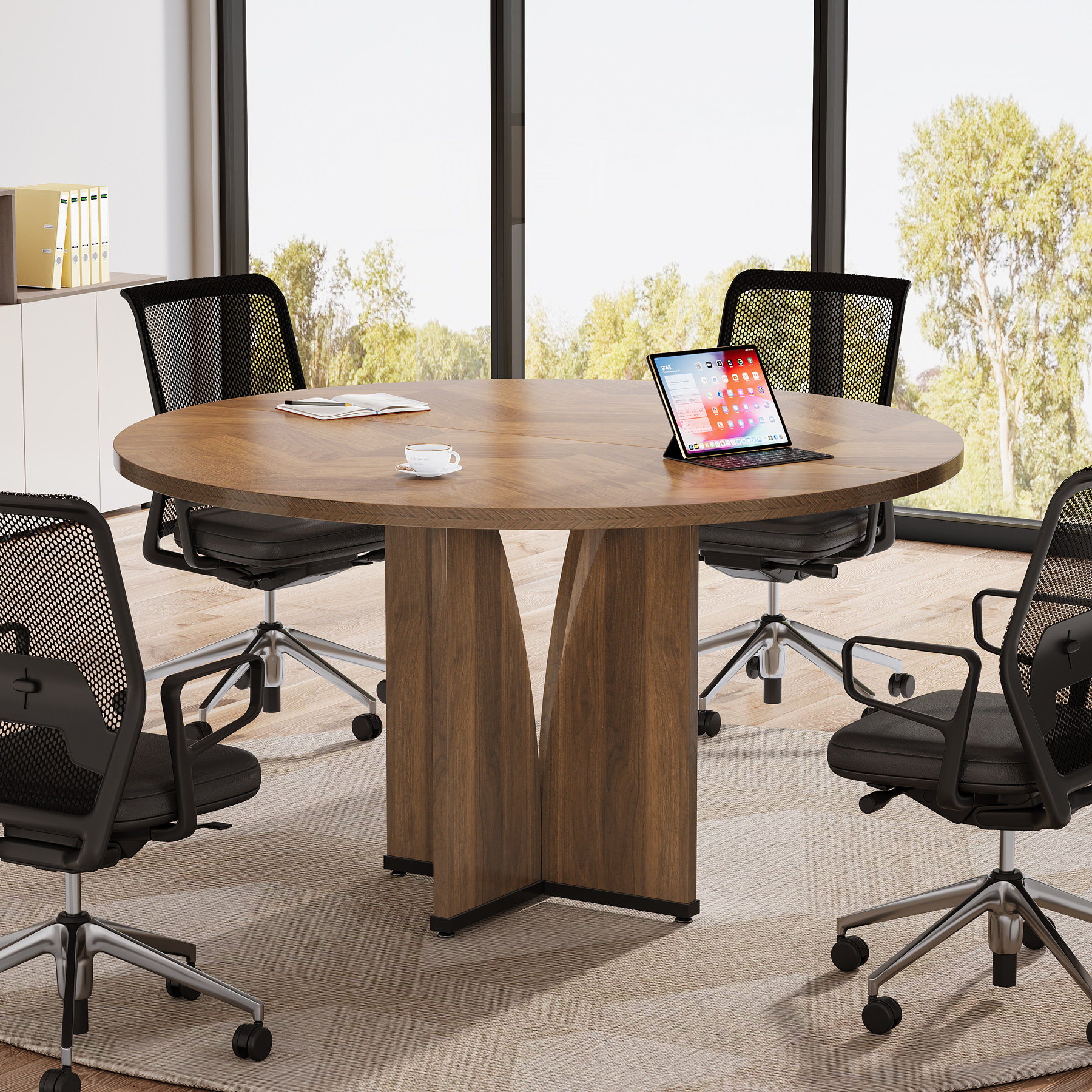 George Oliver Crownover 39" Round Conference Table for 4 People, Wooden ...