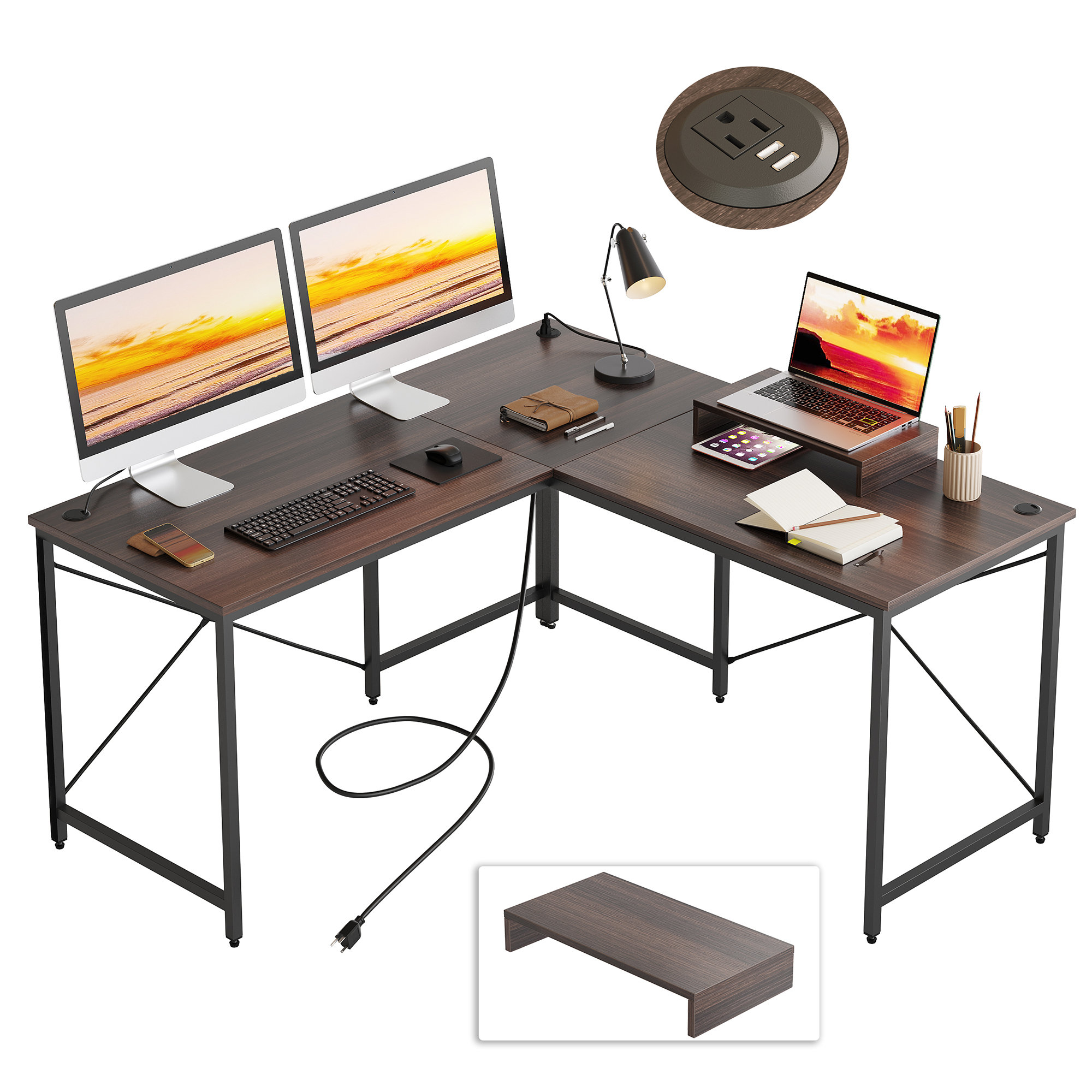 Inbox Zero Bac 95.2 Inch L Shaped Desk 2 Person Computer Long Desk ...