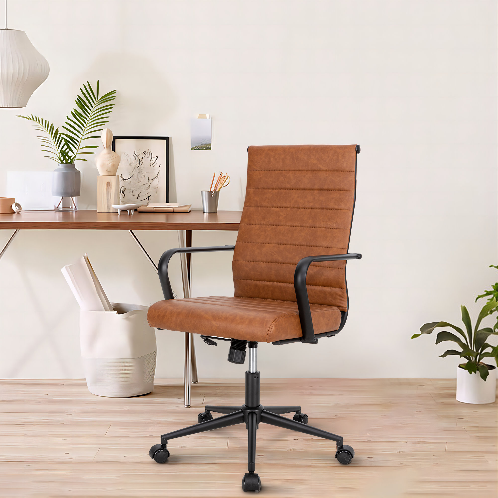 Ivy Bronx Amaiia Mid-back Ribbed Upholstered Swivel Leather Ergonomic ...