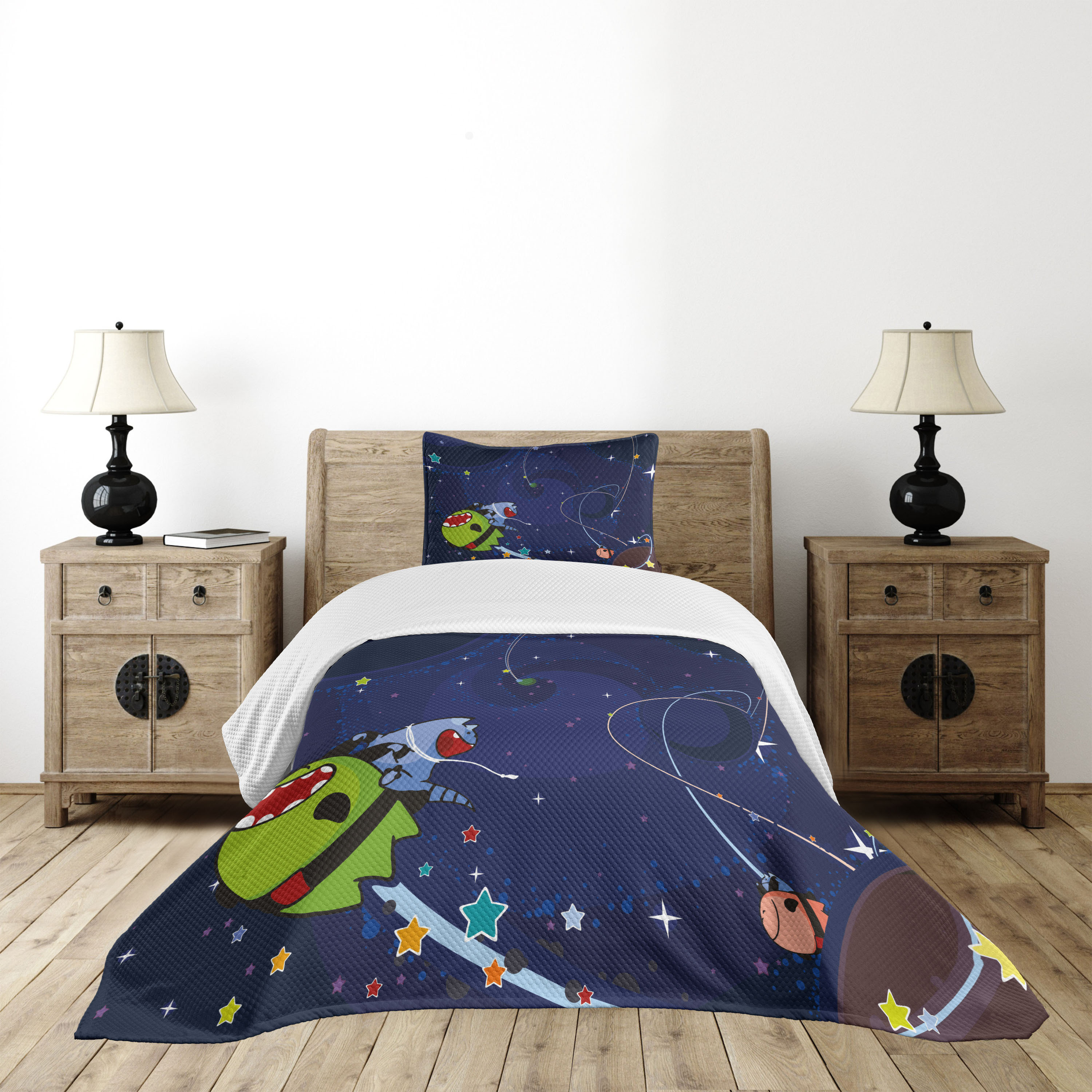 Ambesonne Space Cat Bedspread Set 2 Pcs Cartoon Kitten Aliens Twin ...
