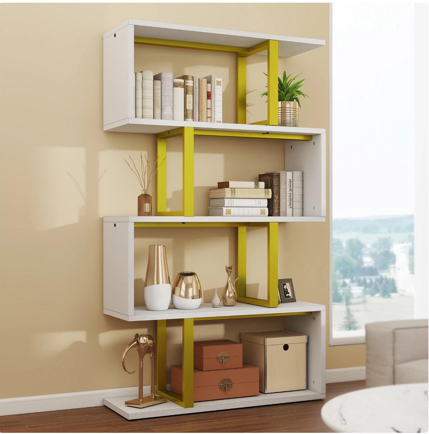 Everly Quinn 5 Tier Bookcase, S Shape Geometric Bookshelf Wood Z-Shelf ...