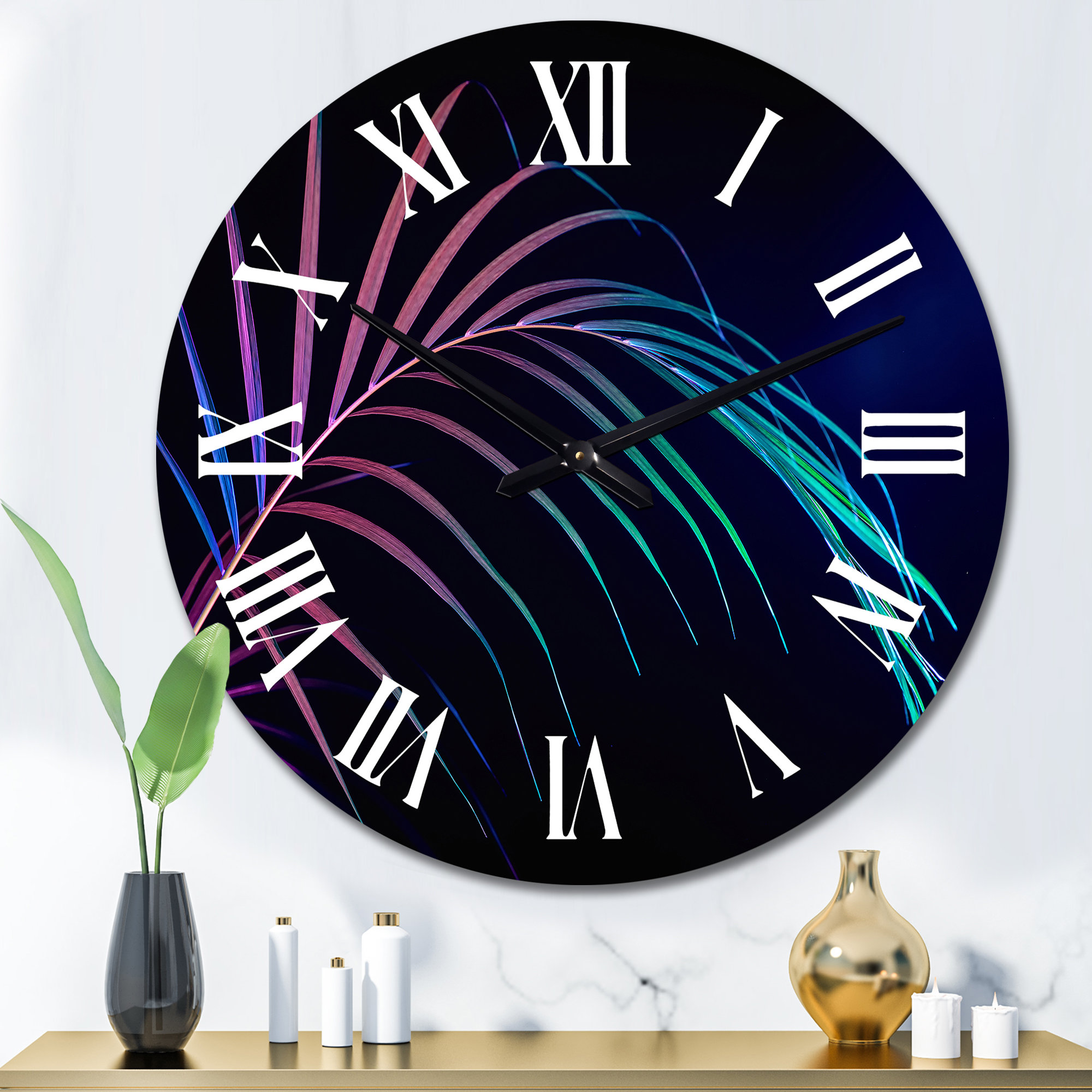 East Urban Home Abstract Tropical Leaf in Pink and Blue on Black ...
