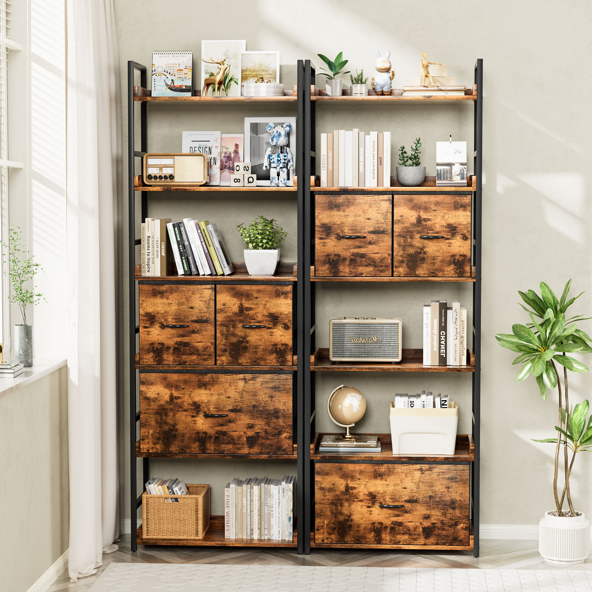 17 Stories Daiden 6 Tier Wood and Metal Book Shelf with Drawers ...