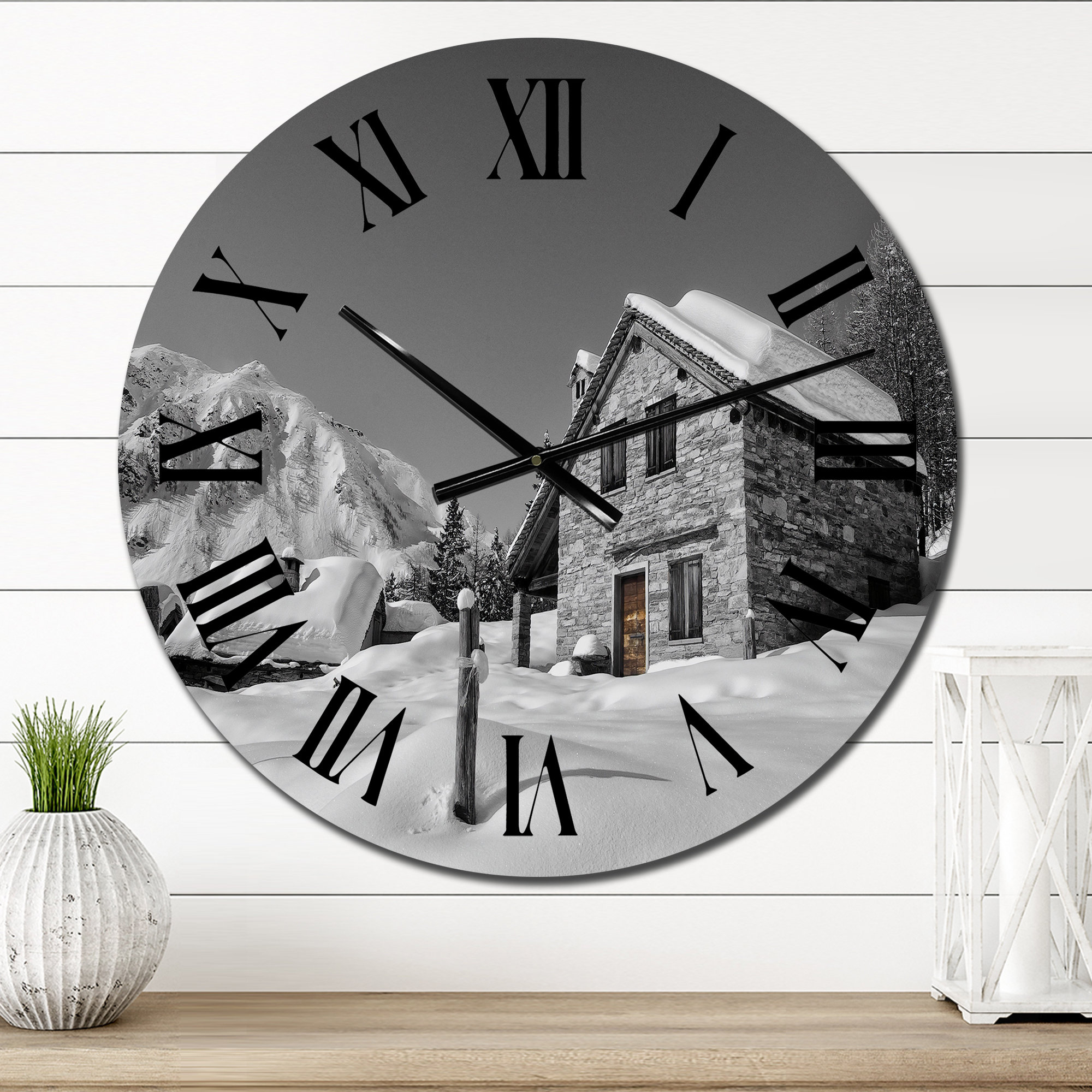 East Urban Home Alpine House On A Snowy Mountain - Country wall clock ...
