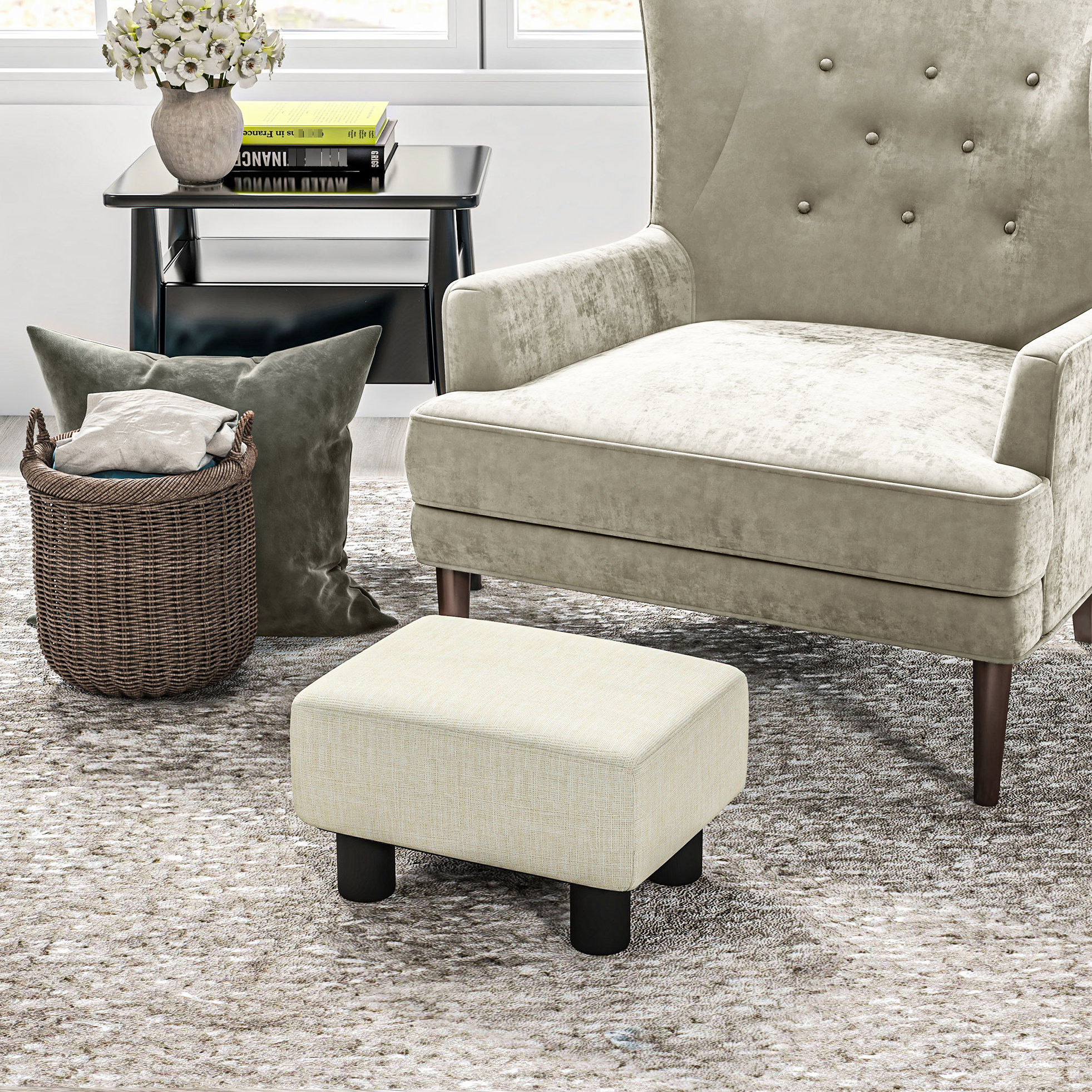 Ebern Designs Petit repose-pieds beige en lin, petit pour le salon ...