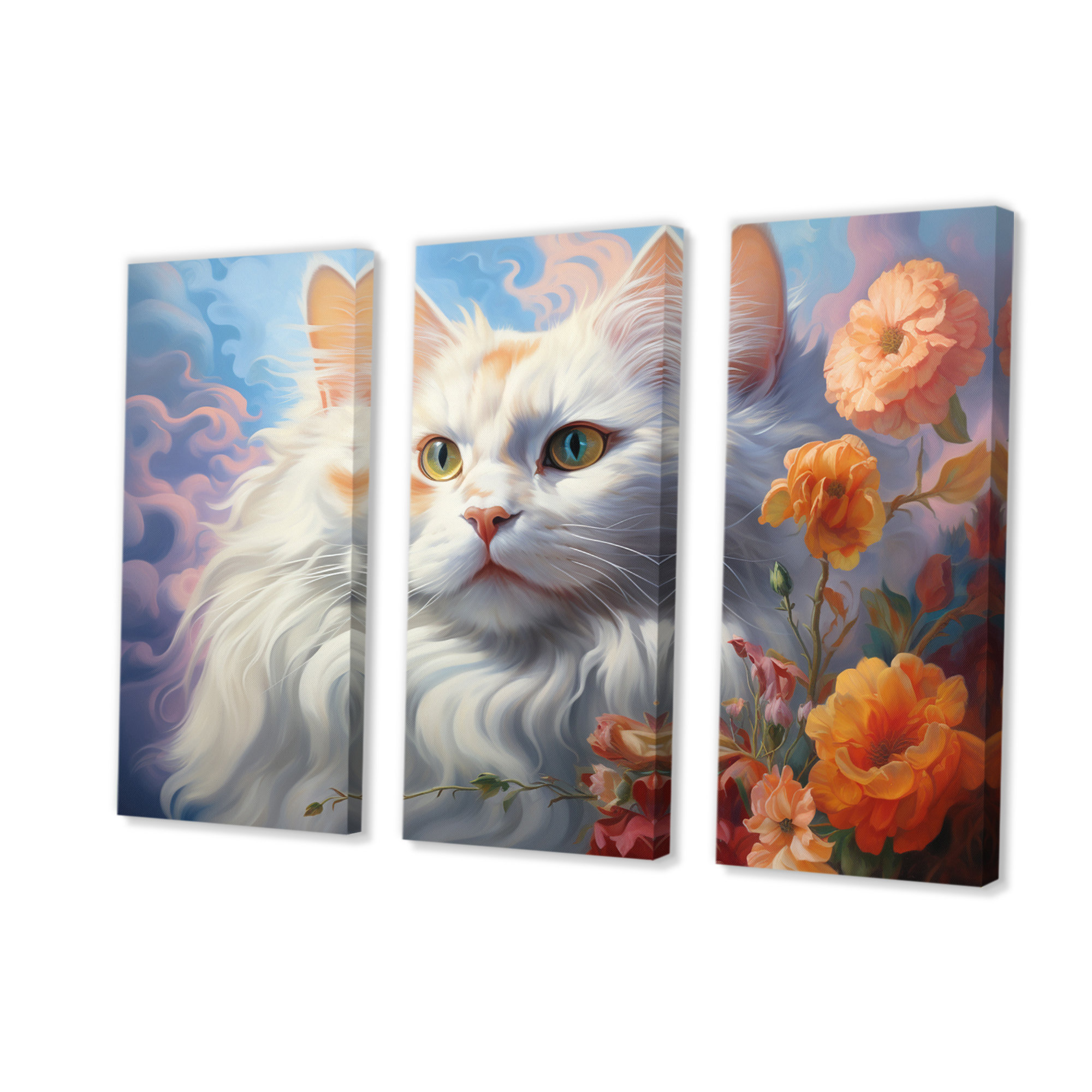 Design Art Portrait Of A Gracious Cat With Flowers - Animals Cat Canvas ...