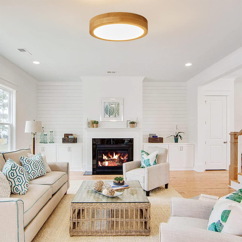 Ebern Designs 12" Round Wood Flush Mount Ceiling Light 3000K Warm White ...