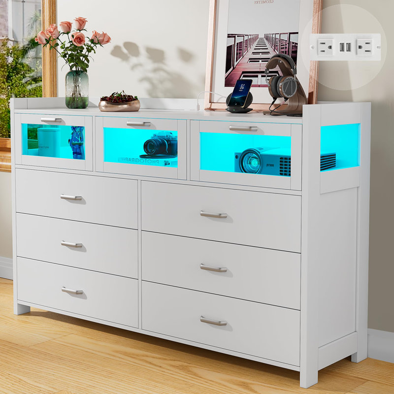 Wrought Studio™ Jerral 6 - Drawer Dresser with Power Outlet & LED Light ...