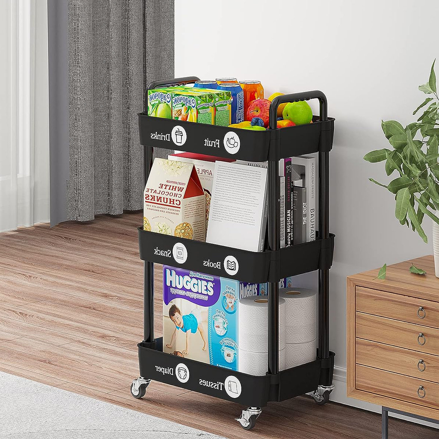 OPTERWQ 3-Tier Kitchen Storage Cart, Mobile Shelving Unit Cart with ...