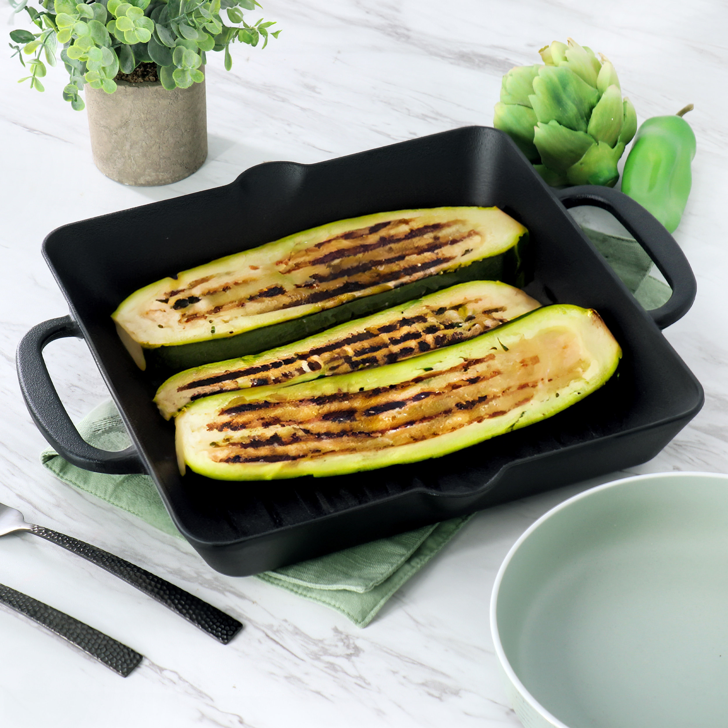 Martha Stewart 12 Inch Square Pre-Seasoned Cast Iron Grill Pan with ...
