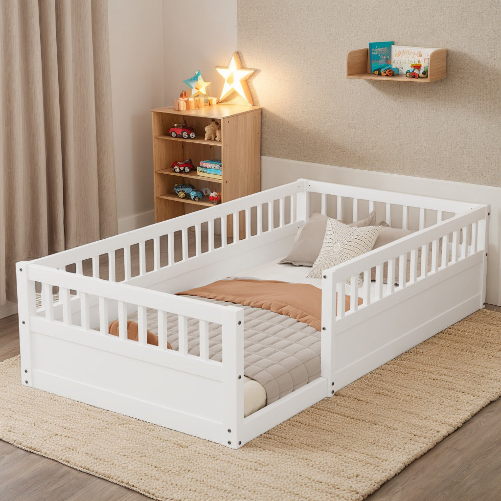 VPXTA Toddler Floor Bed Frame for Kids，Montessori Bed with High Fence ...