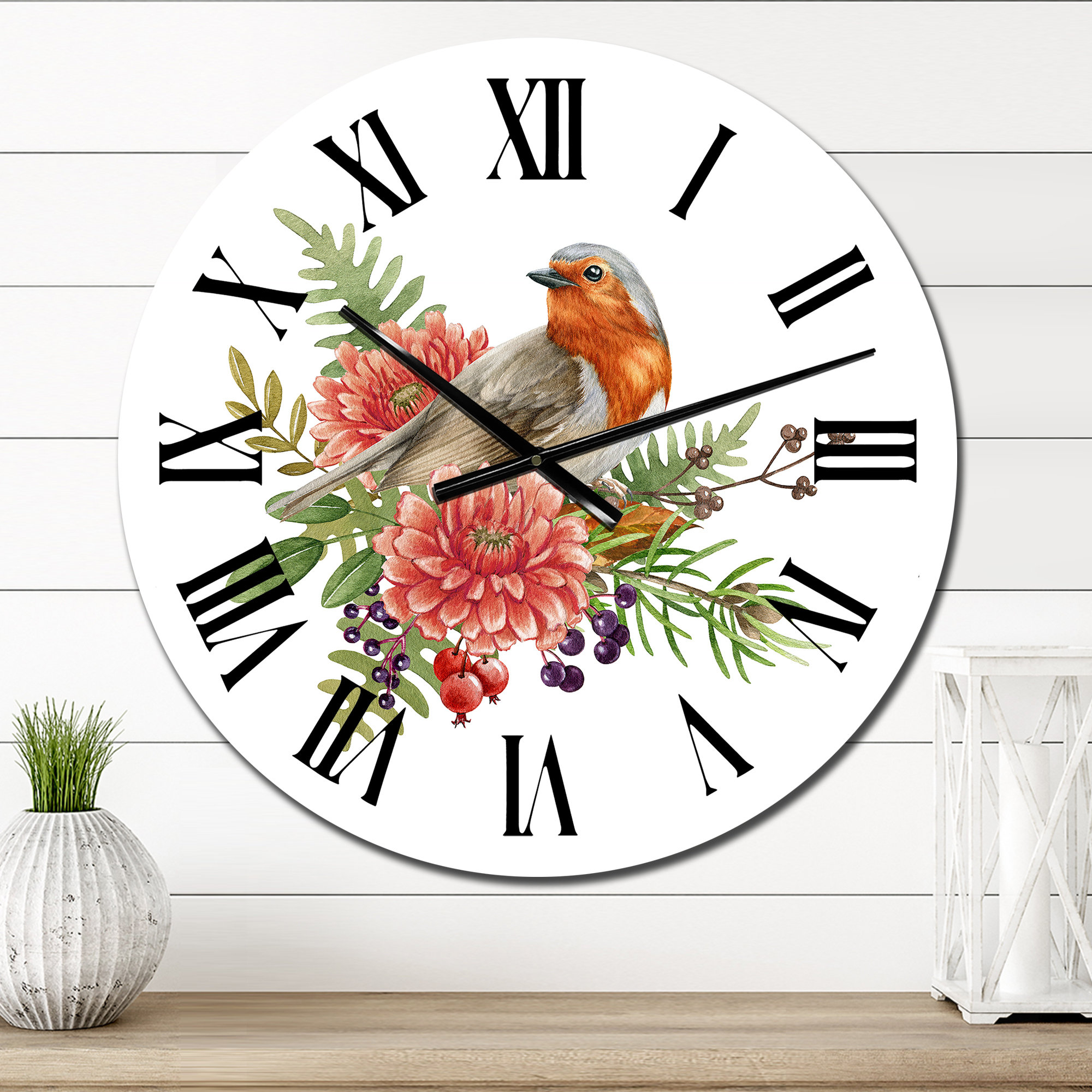 East Urban Home Robin Bird with Flowers - Traditional Wall Clock | Wayfair