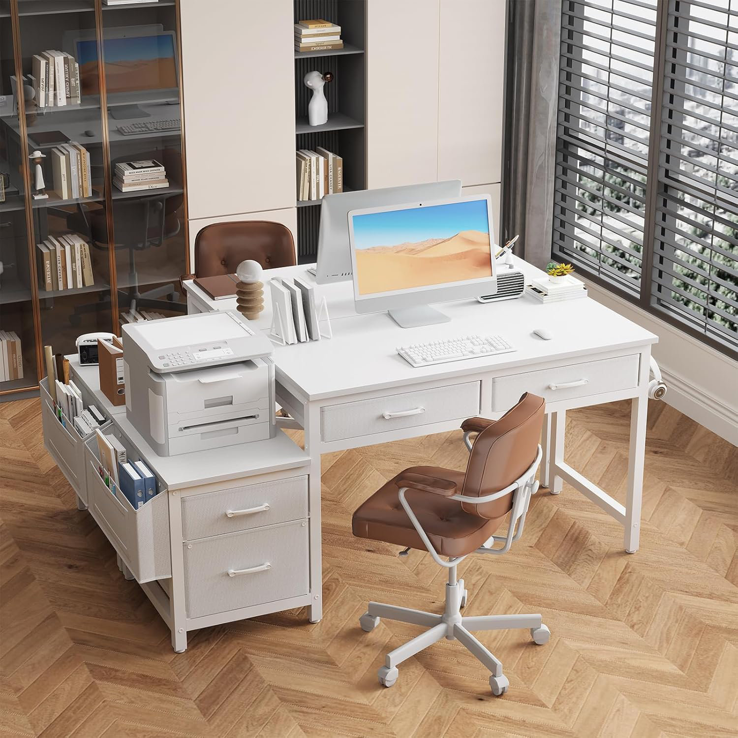 Ebern Designs White Computer Desk With Fabric File Drawers Cabinet 57 ...