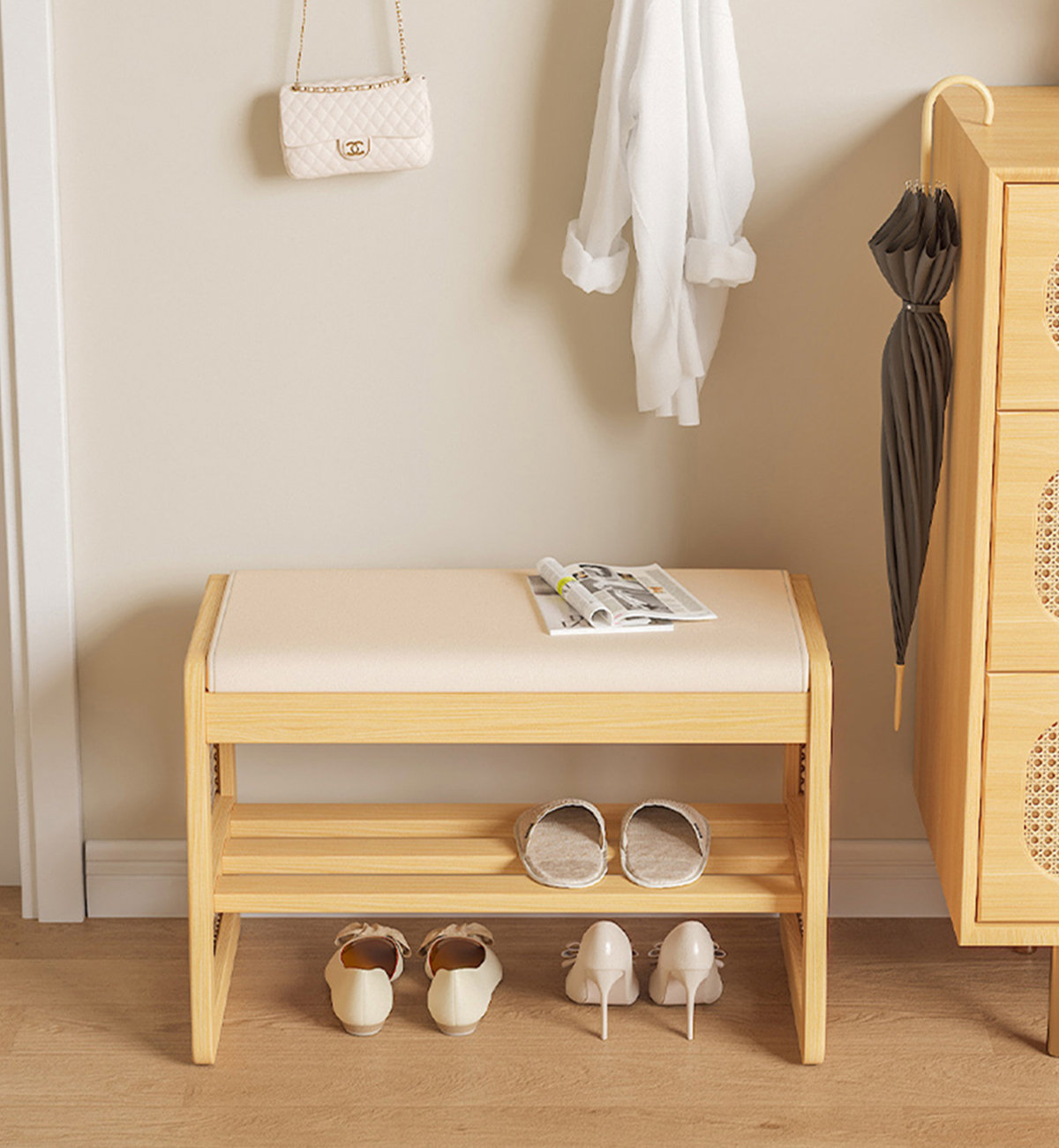 Corrigan Studio® Solid Wood Rattan Woven Shoe Changing Stool, Home Use ...