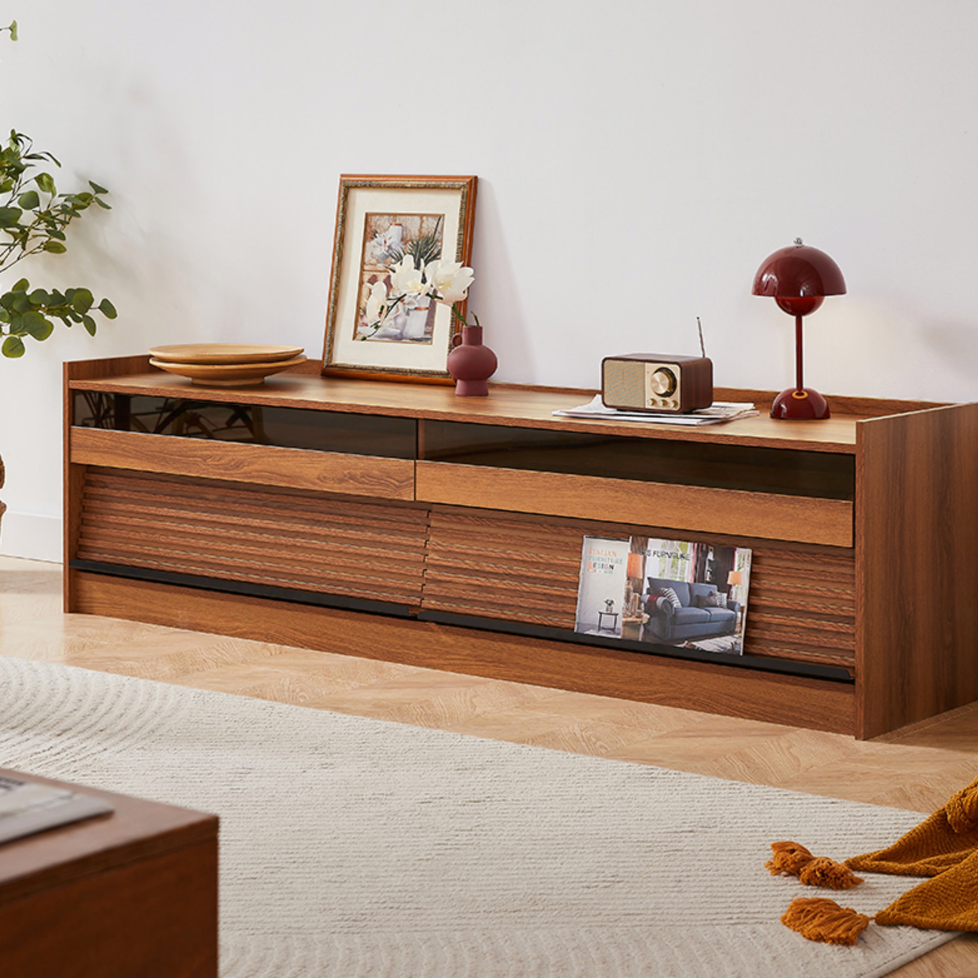 George Oliver Modern TV Stand With Ample Storage,4 Drawer Design With Tempered Glass ,Built-In ...