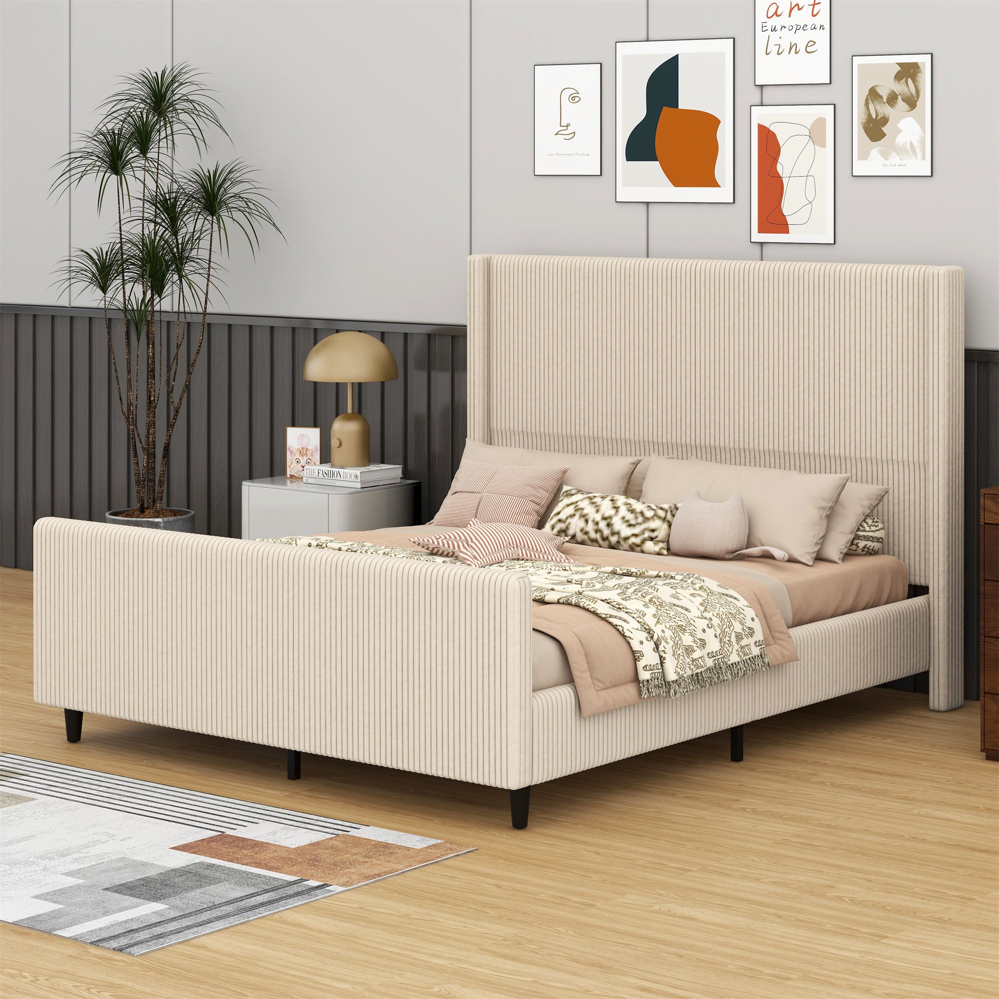 Mercer41 Upholstered Bed Frame With Vertical Stripe Wingback | Wayfair