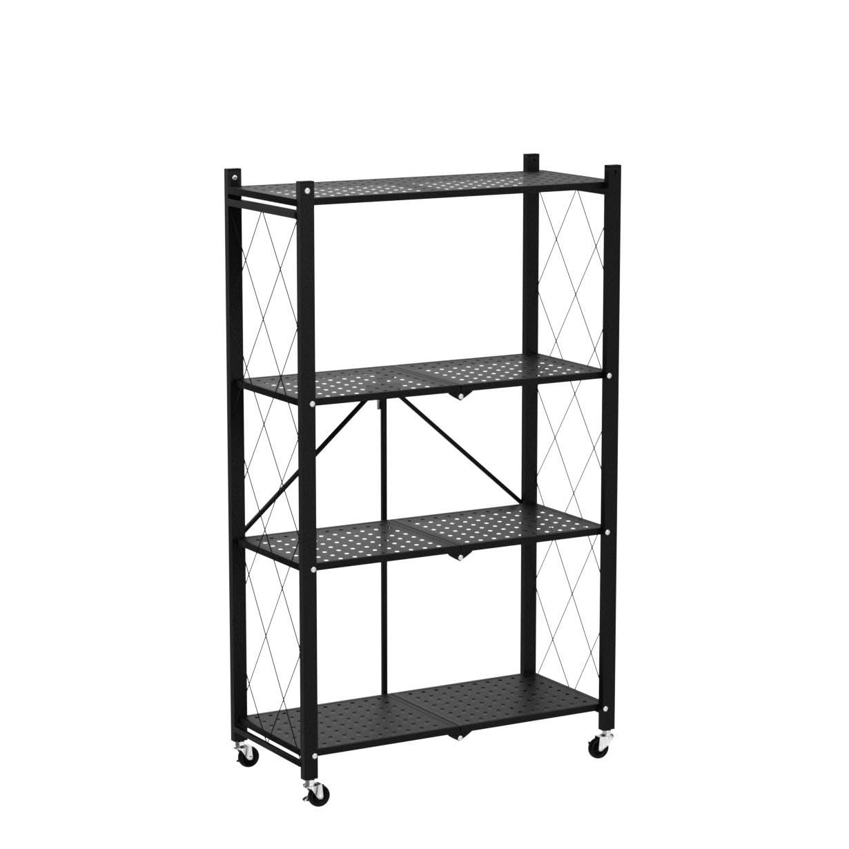 Rebrilliant 4-Tier Foldable Storage Rack With Wheels, Heavy Duty Metal ...