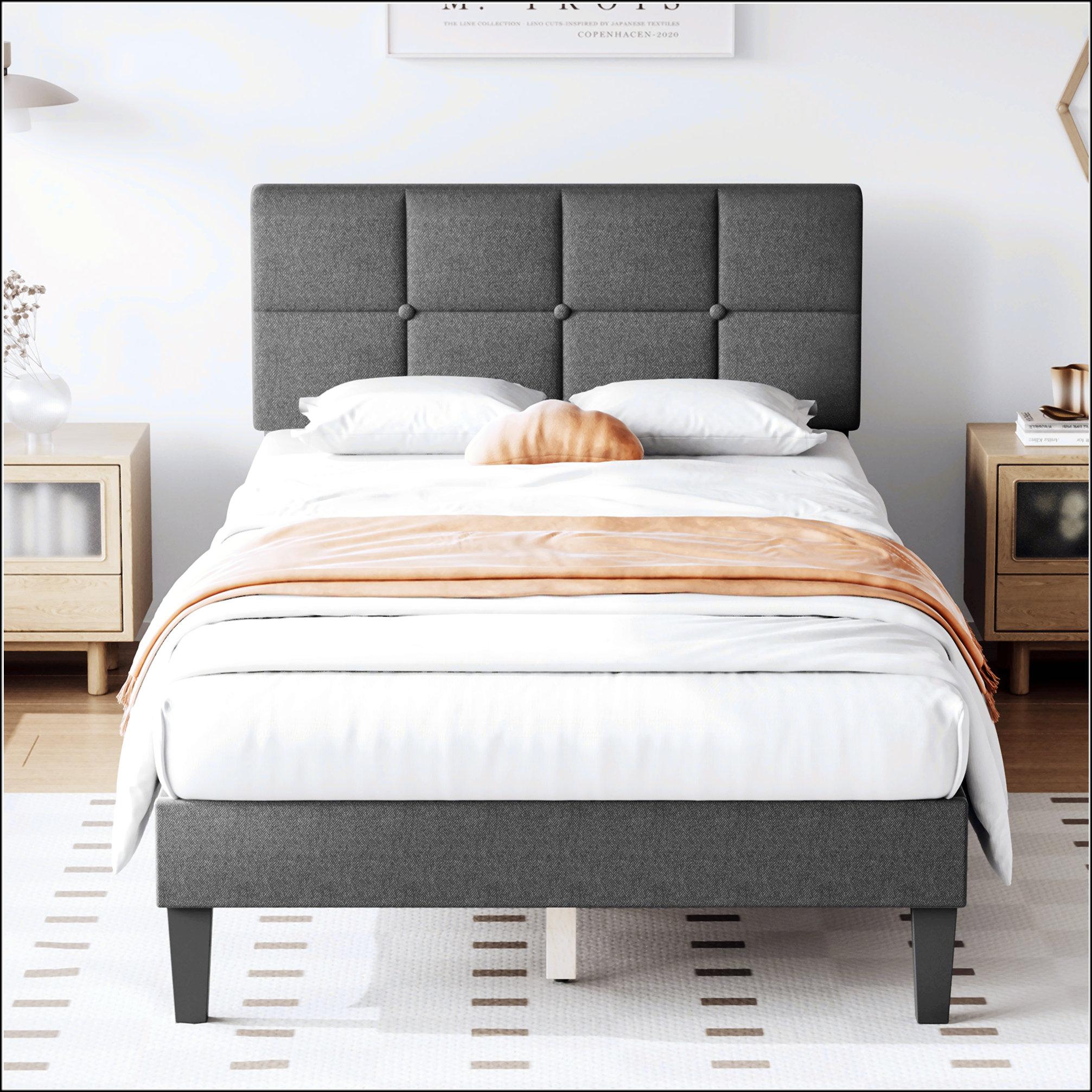 Ebern Designs Bed Frame - Linen Upholstered Platform Bed With Headboard ...