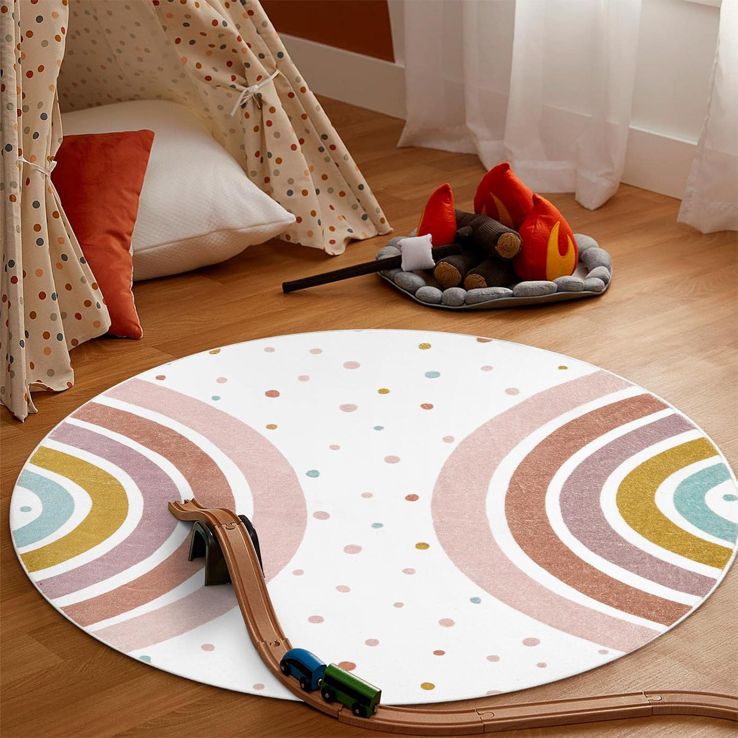 WINUAL Colourful Round Rug For Nursery, 4 Ft Rainbow Washable Rug For ...
