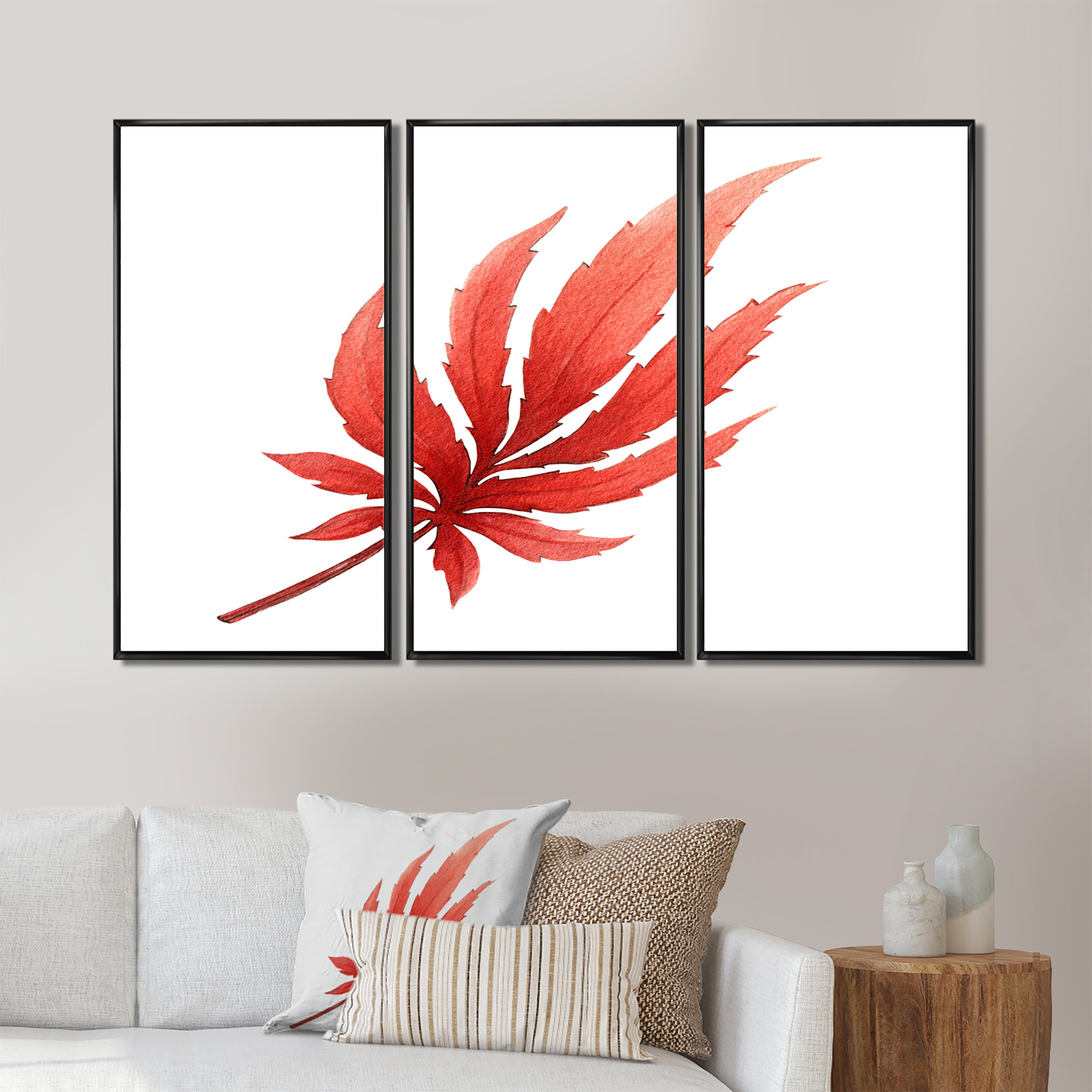 Red Barrel Studio Red Maple Leaf II - 3 Piece Floater Frame Painting on ...
