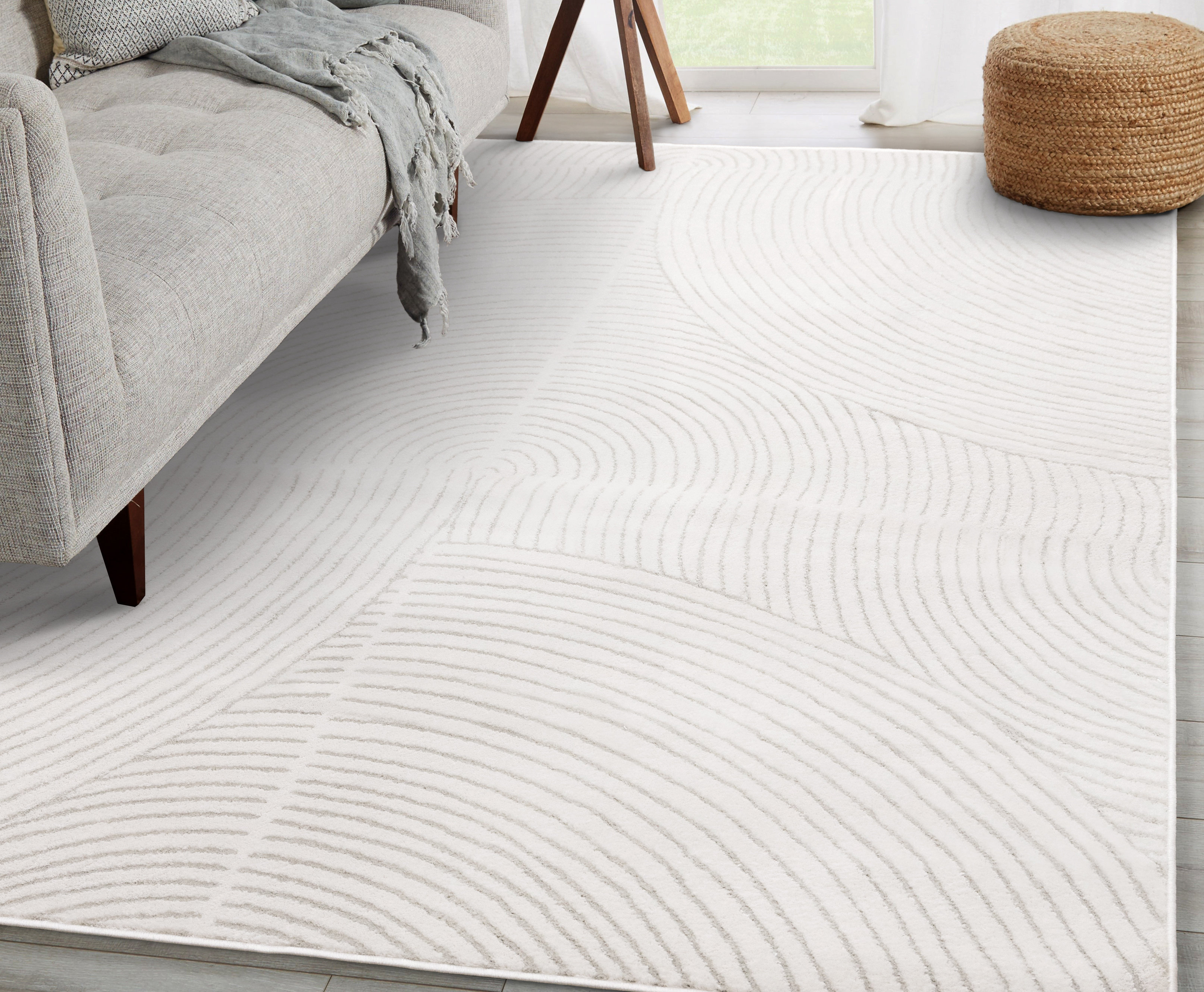 Hokku Designs Didina Textured Cream Curves Indoor Stain Resistant Area ...