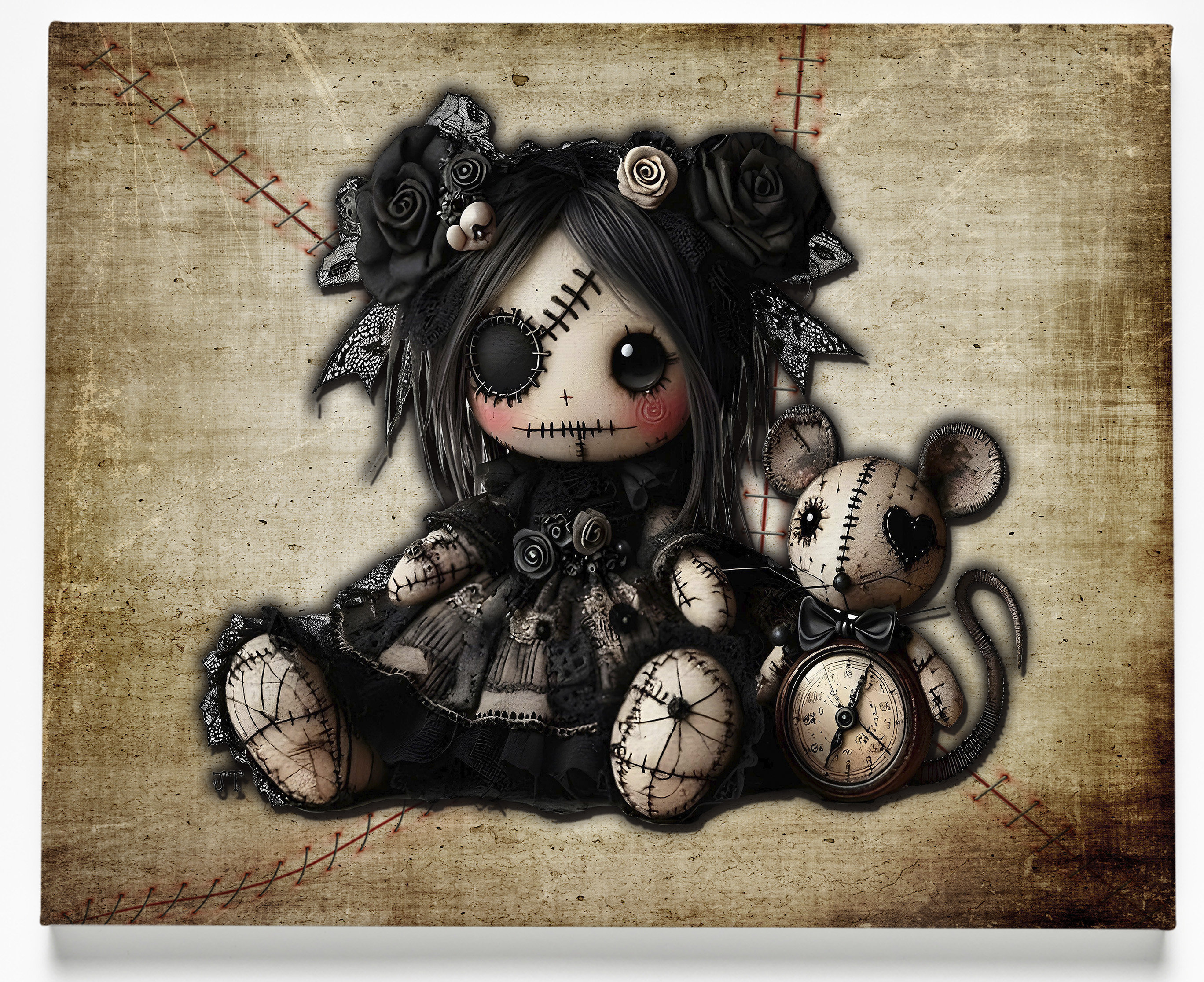 Trinx Little Stitch Ups Best Friends Mouse Khaki Canvas Print | Wayfair